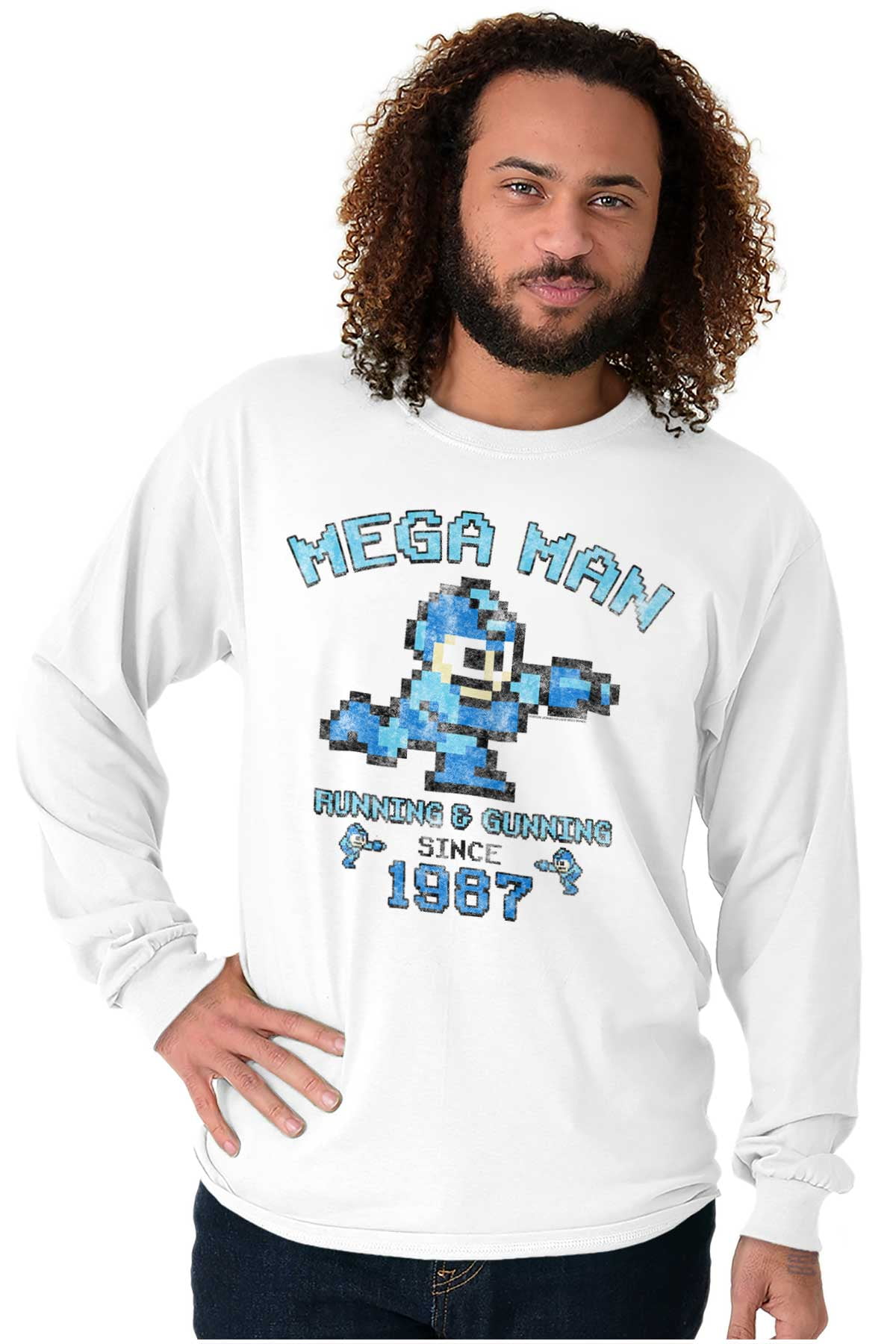 Retro Mega Man Running and Gunning Long Sleeve TShirt Men Women Brisco ...