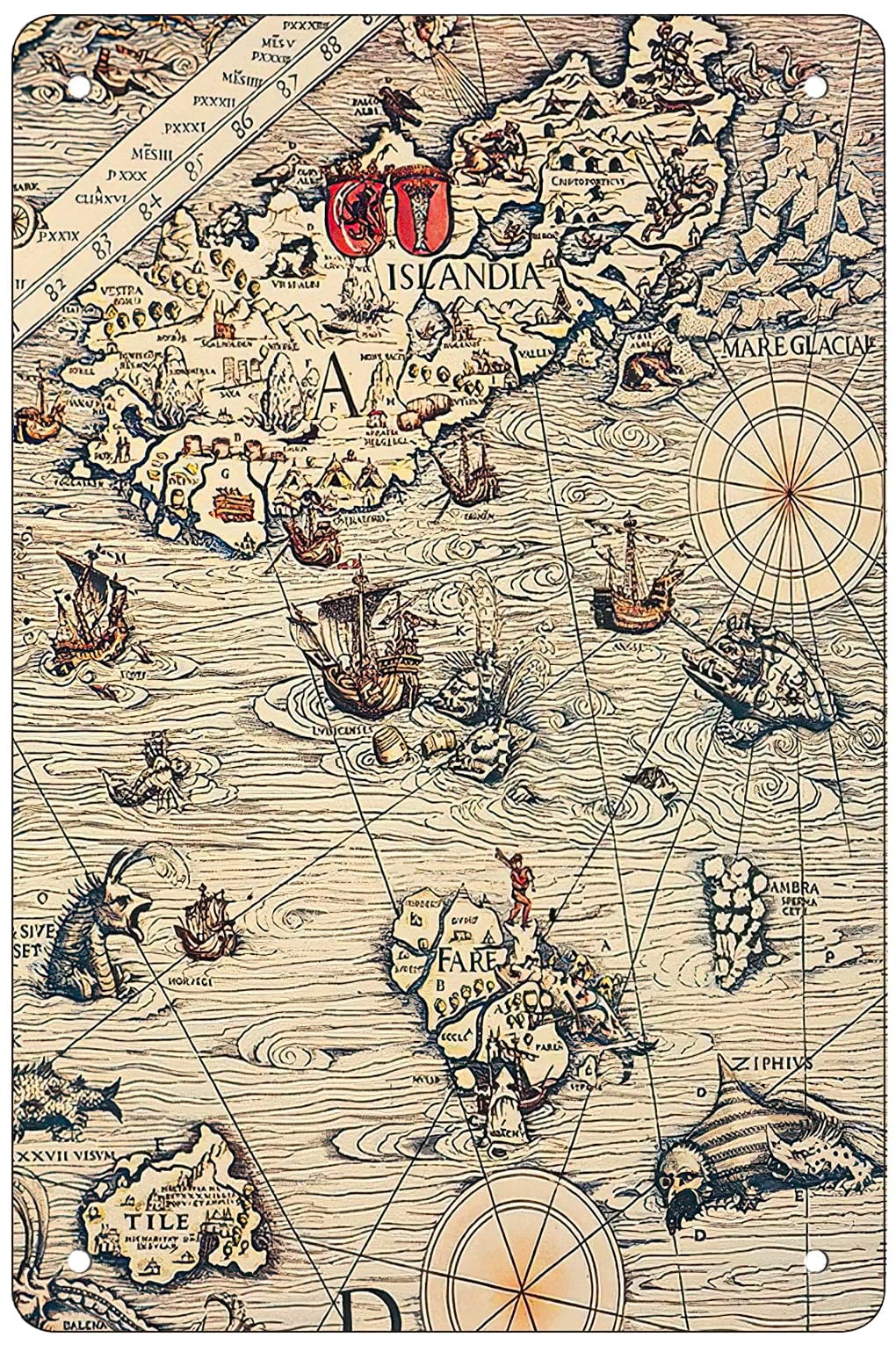 Retro Metal Aluminium Sign Sheet, Isolated island map, sea monster ...