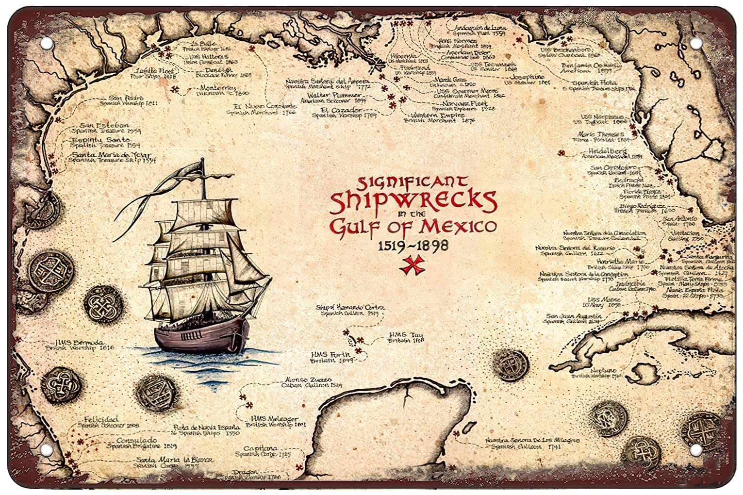 Retro Metal Aluminium Sign Sheet, Shipwreck Map Of The Gulf Of Mexico ...
