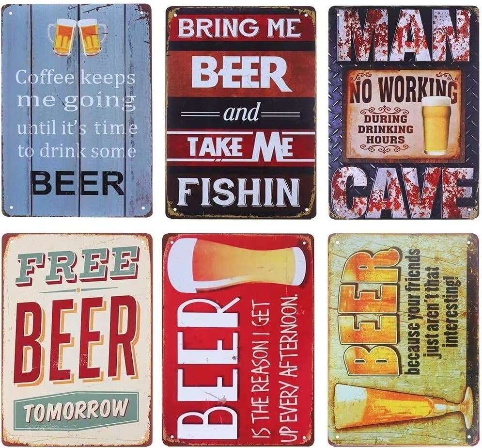 Retro Metal Beer Tin Sign Set of 6 Patio Metal Wall Decorations Vintage ...