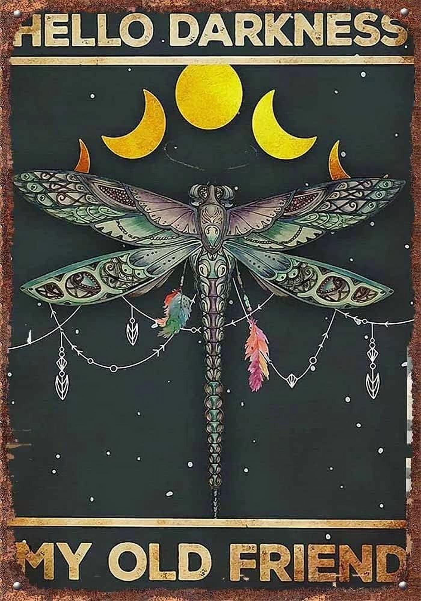 Retro Metal Tin Sign Dragonfly Hello Darkness My Old Friend Rustic Wall Decor Metal Tin Sign ...
