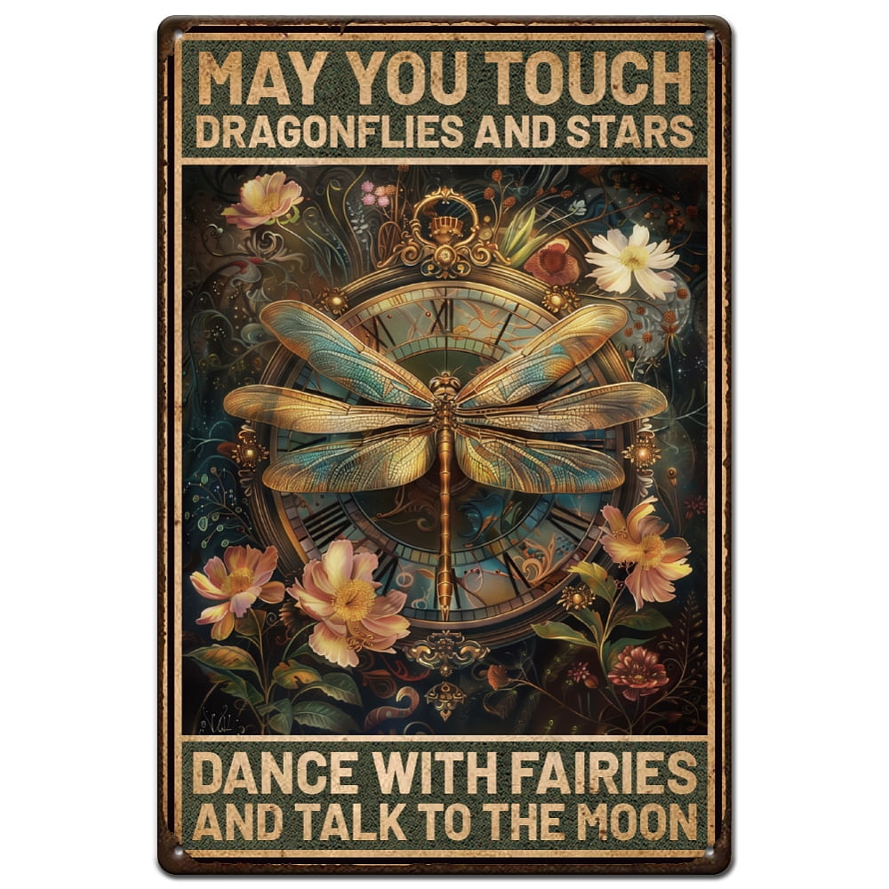 Retro Metal Tin Sign Dragonfly Metal Posters Flora Metal Painting Decor ...
