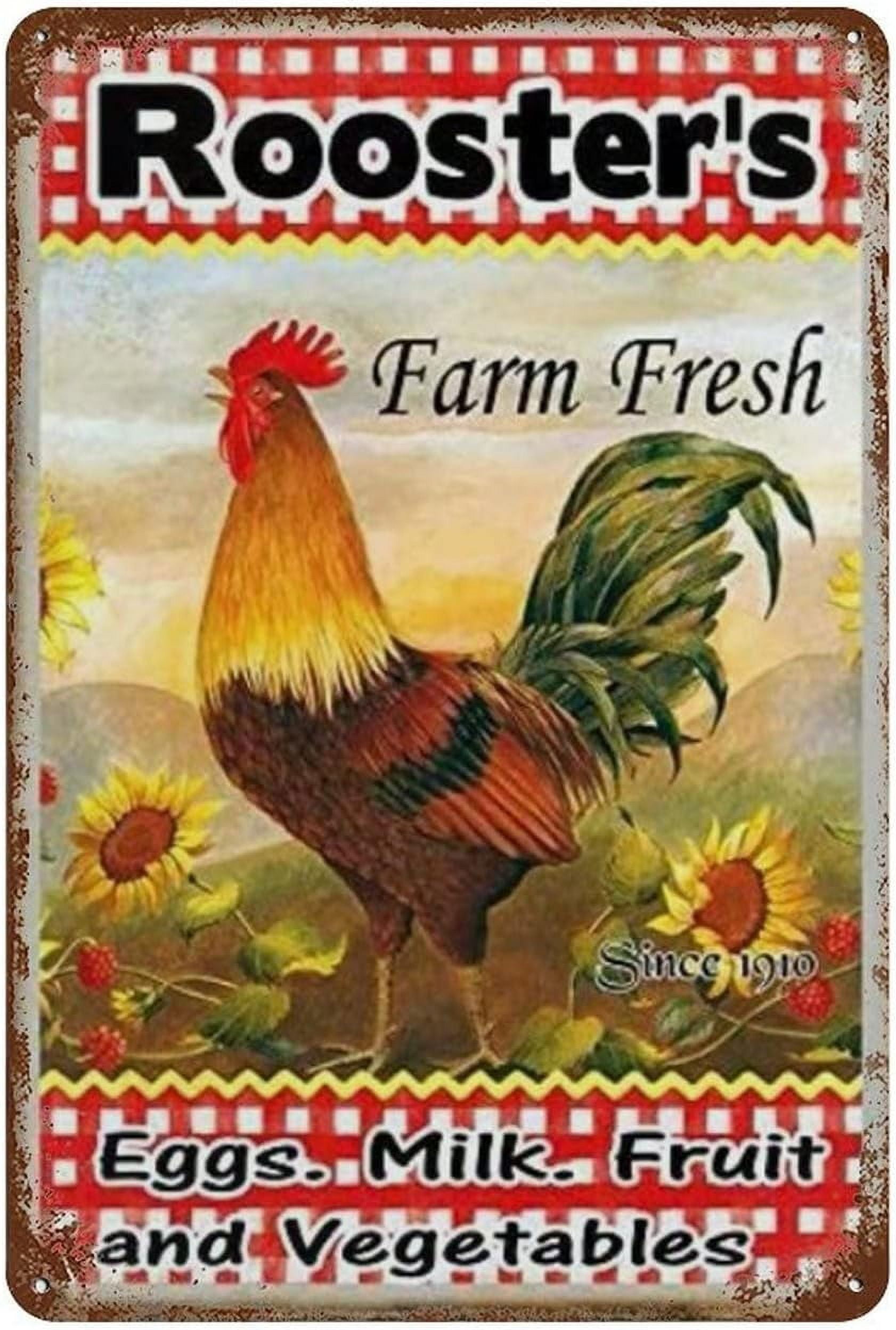 Retro Metal Tin Sign, Rooster Farm Freshly Baked Milk Fruits and Vegetables Chic Art farmhouse ...