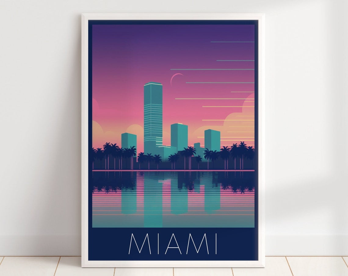 Retro Miami Travel Poster, Minimalist Retro Wall Art, Colorful Modern ...