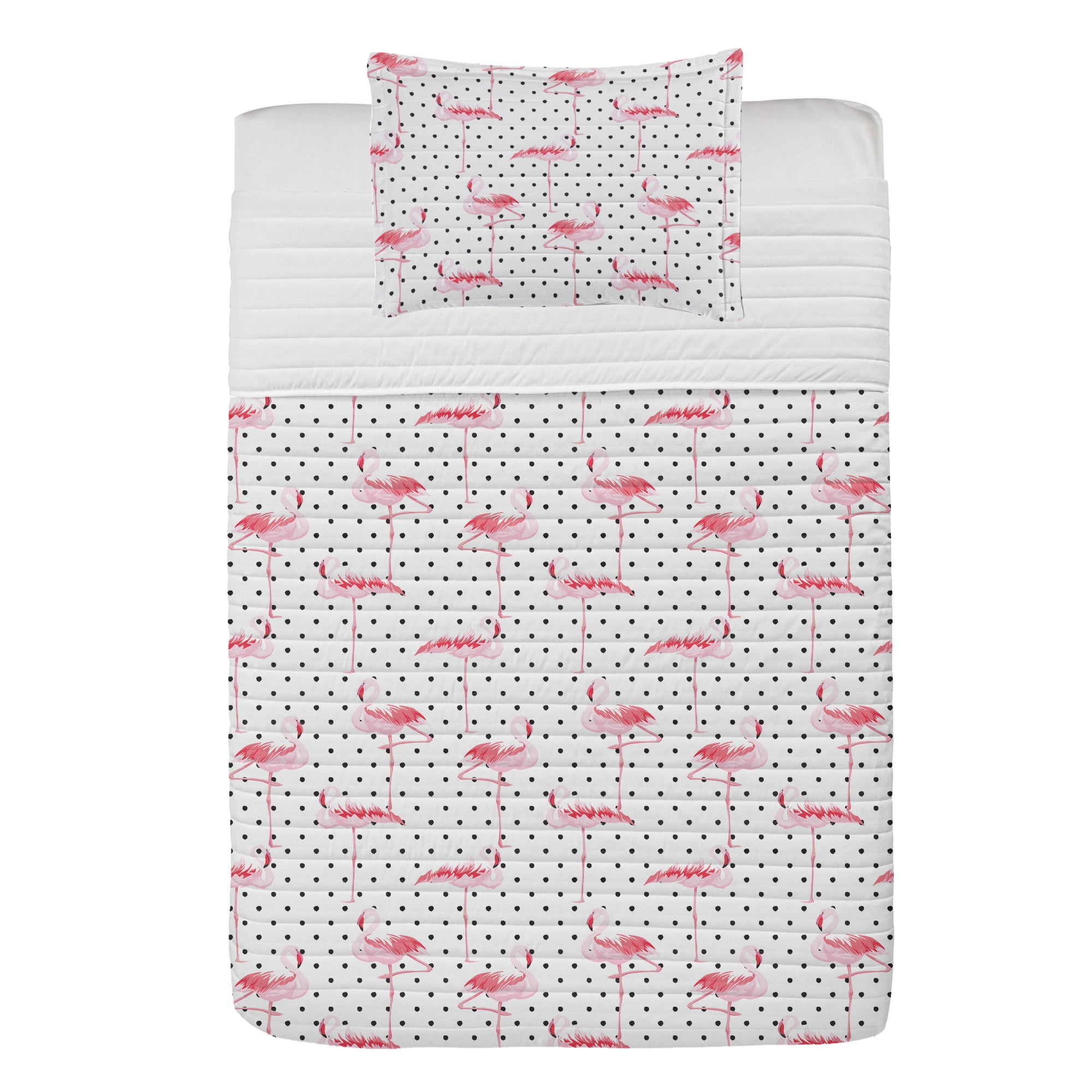 Retro Microfiber Bedspread Set, Flamingo Birds on Minimalist Polka Dots ...