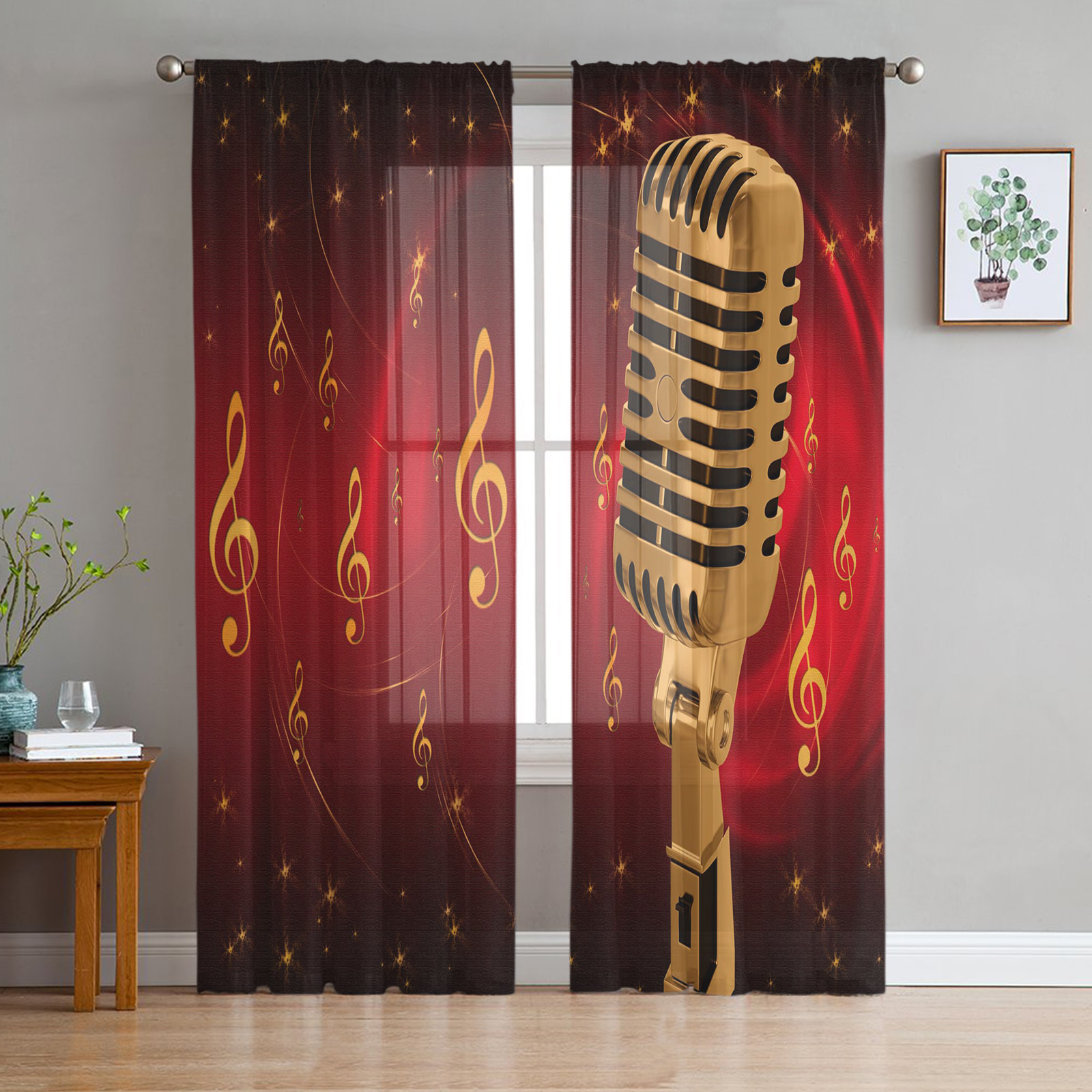 Retro Microph Music Jazz Radio Or Concert Chiffon Sheer Curtains for ...