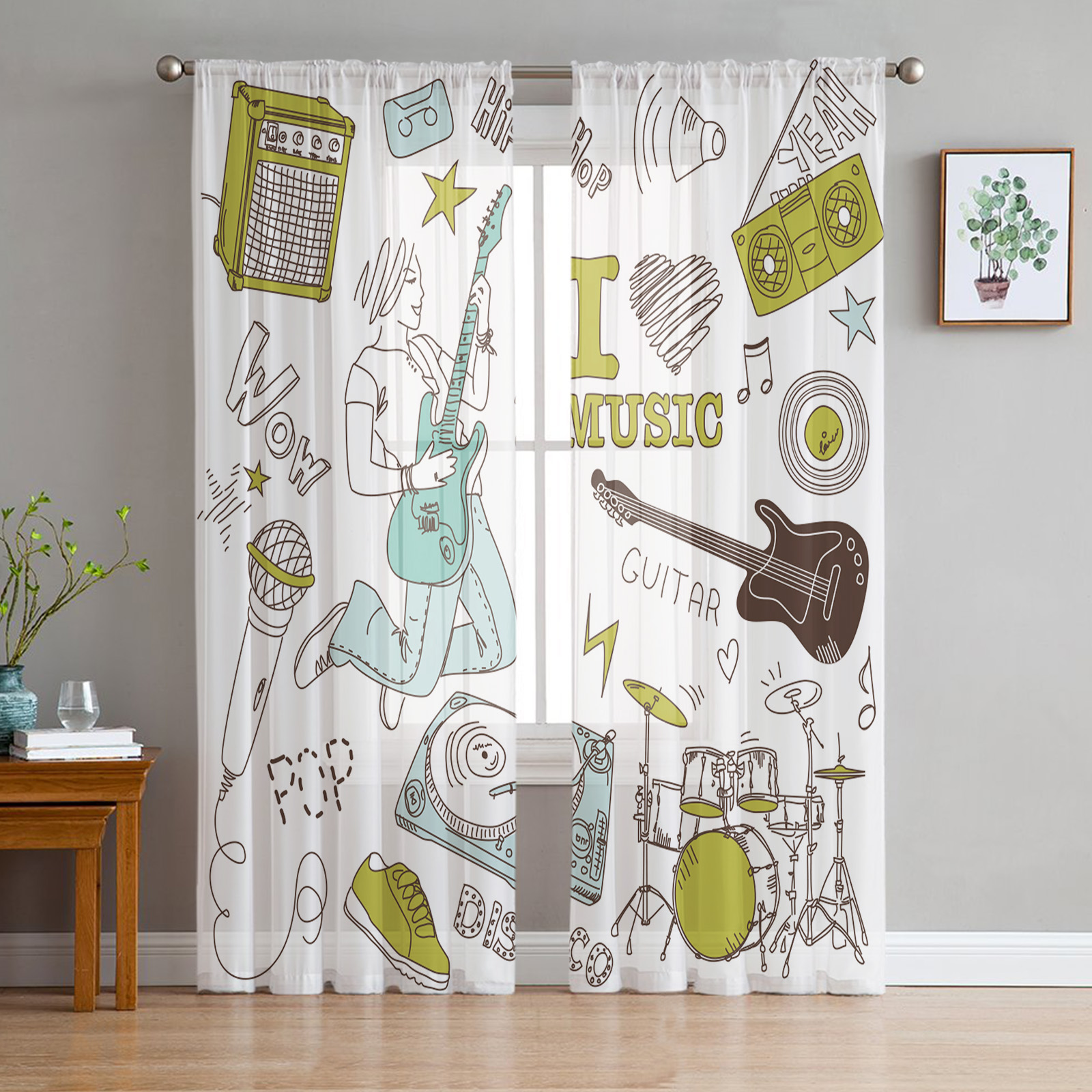 Retro Microph Music Jazz Radio Or Concert Chiffon Sheer Curtains for ...