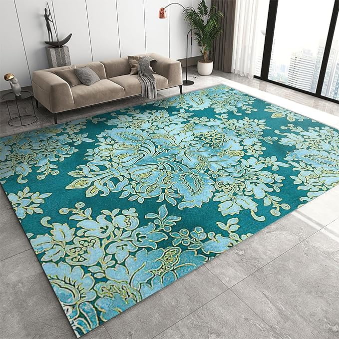 Retro Mid-Century Floral Area Rug, Green Light Luxury Rug For Living ...