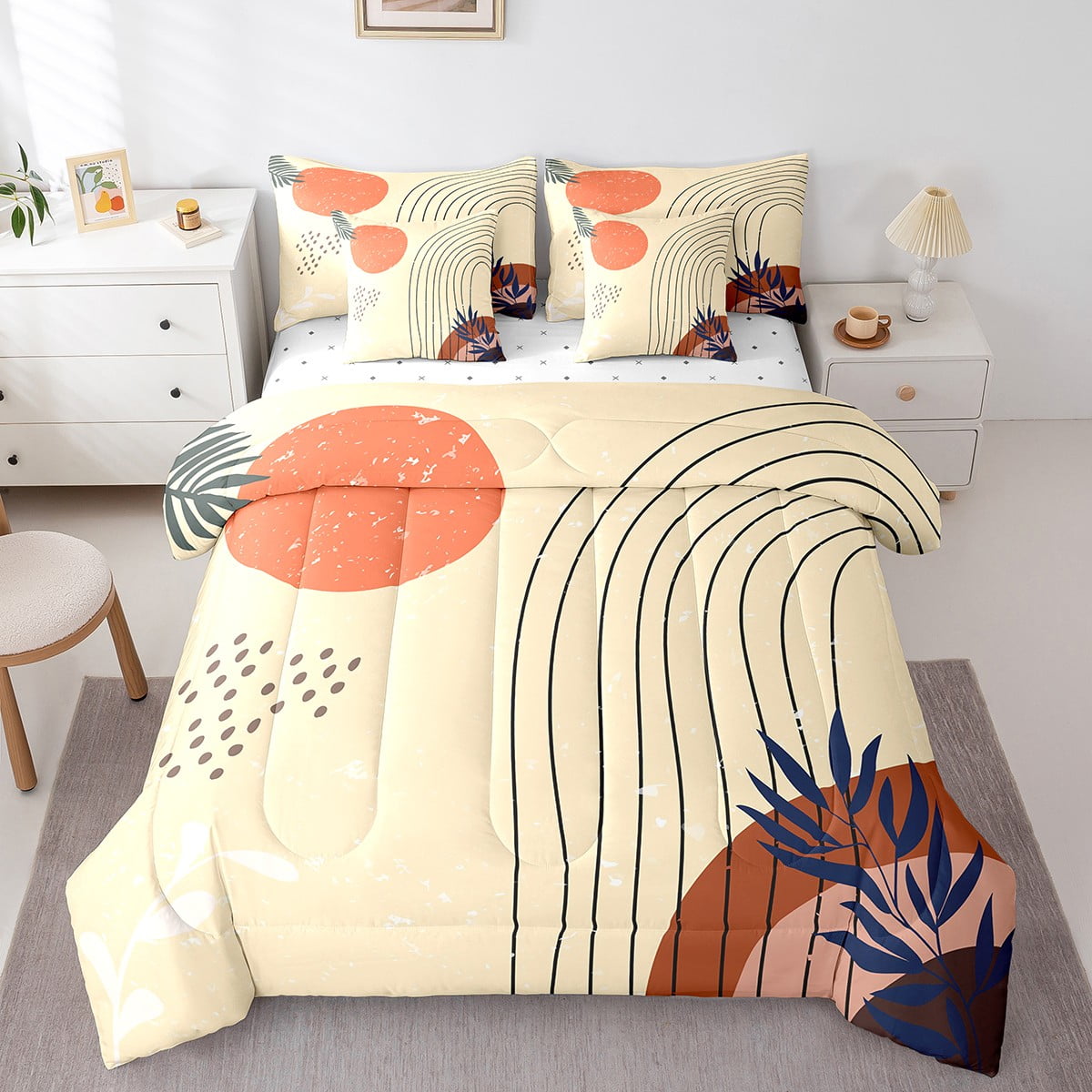 Retro Minimalism Queen Comforter Set 7-Piece Hippie Modern Bedding Comforter Sets, Mid Century ...