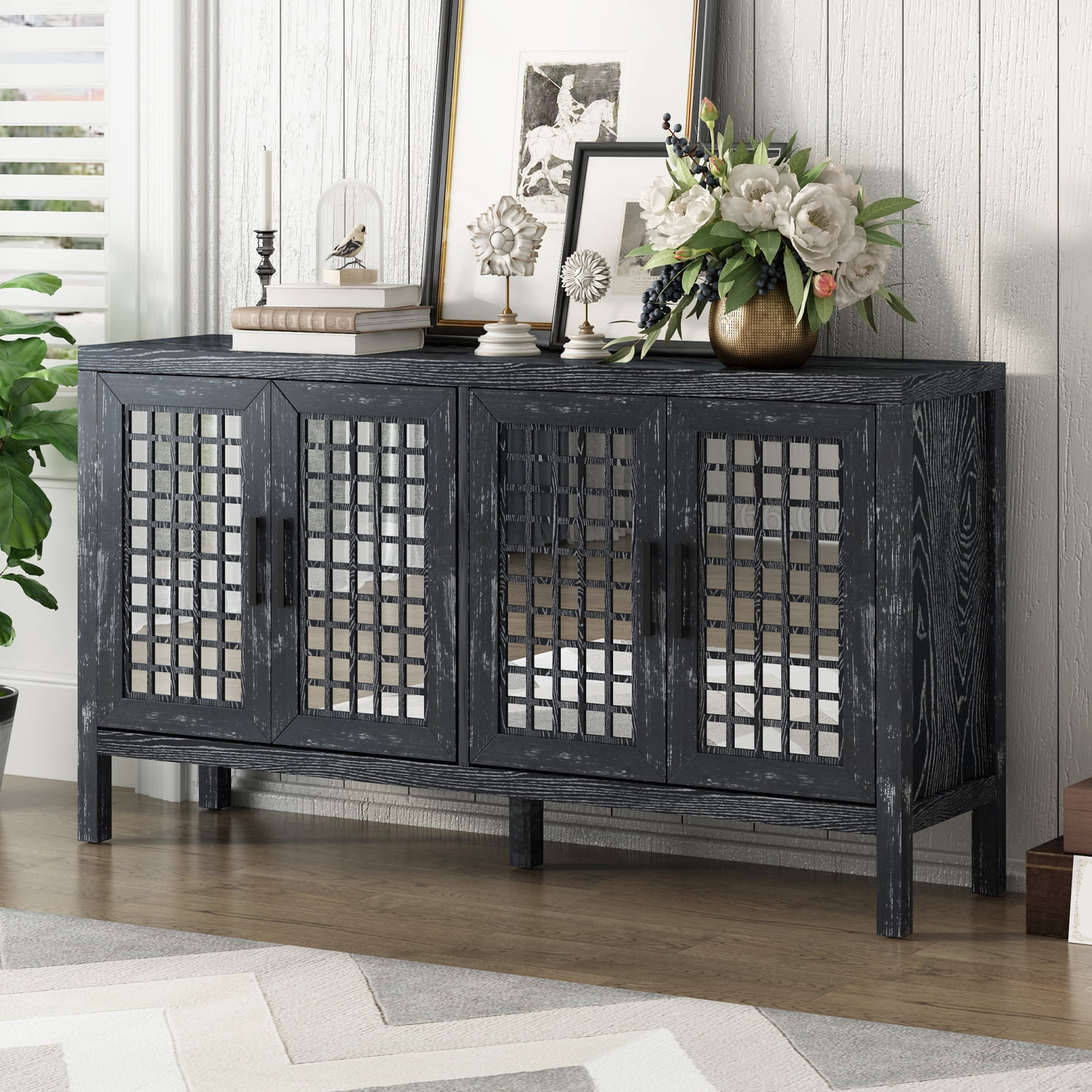 Retro Mirrored Sideboard Storage Cabinet with Closed Grain Pattern ...