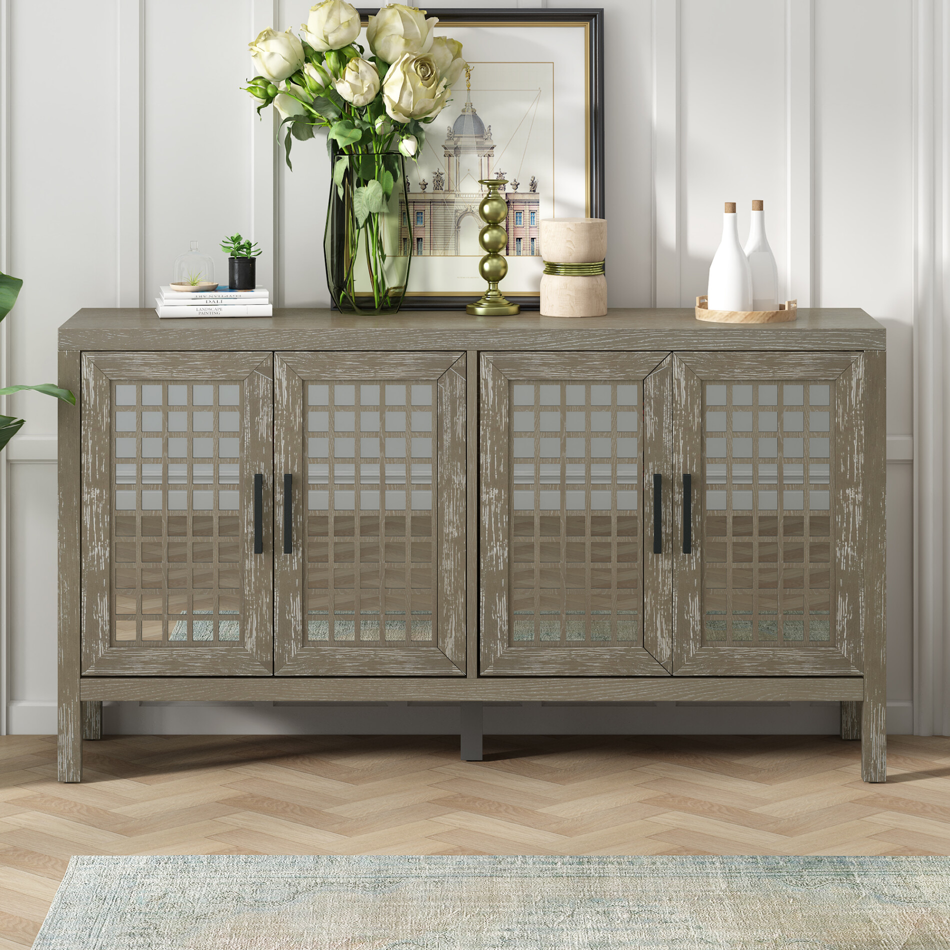 Retro Mirrored Storage Sideboard with Closed Grain Pattern, Wooden ...