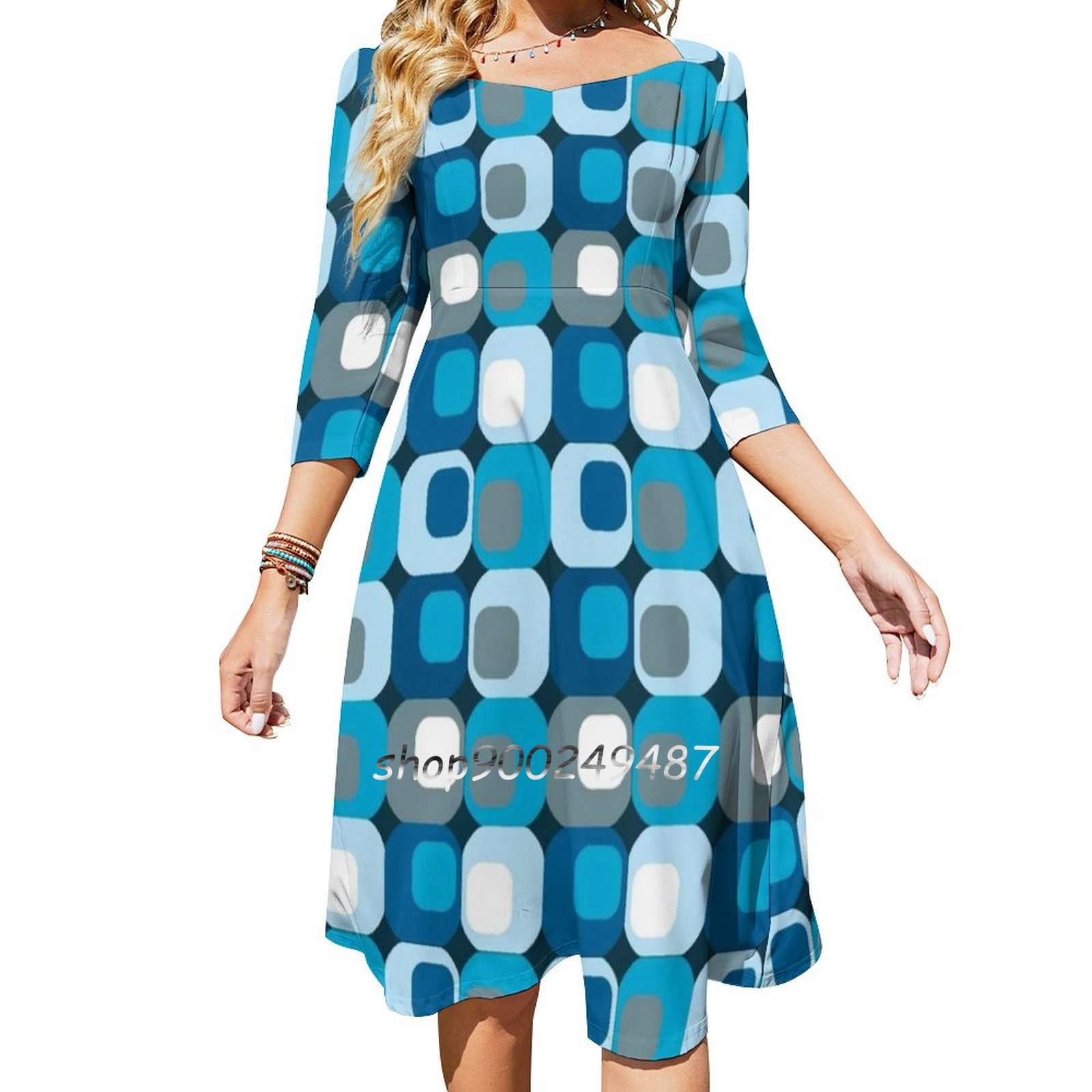 Retro Mod Blue Abstract Square Neck Dress New Plus Size Elegant Women ...