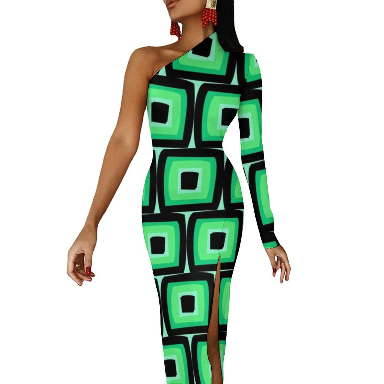Retro Mod Pattern Maxi Dress One Shoulder 60s Aesthetic Bodycon Dress ...