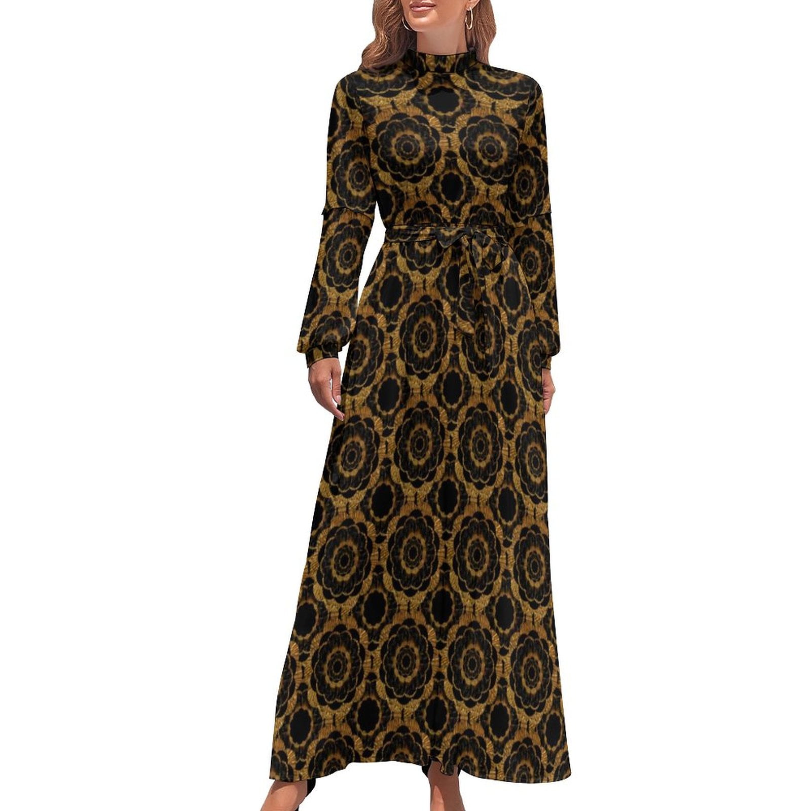 Retro Mod Print Dress Gold and Black Mandala Sexy Maxi Dress Streetwear ...