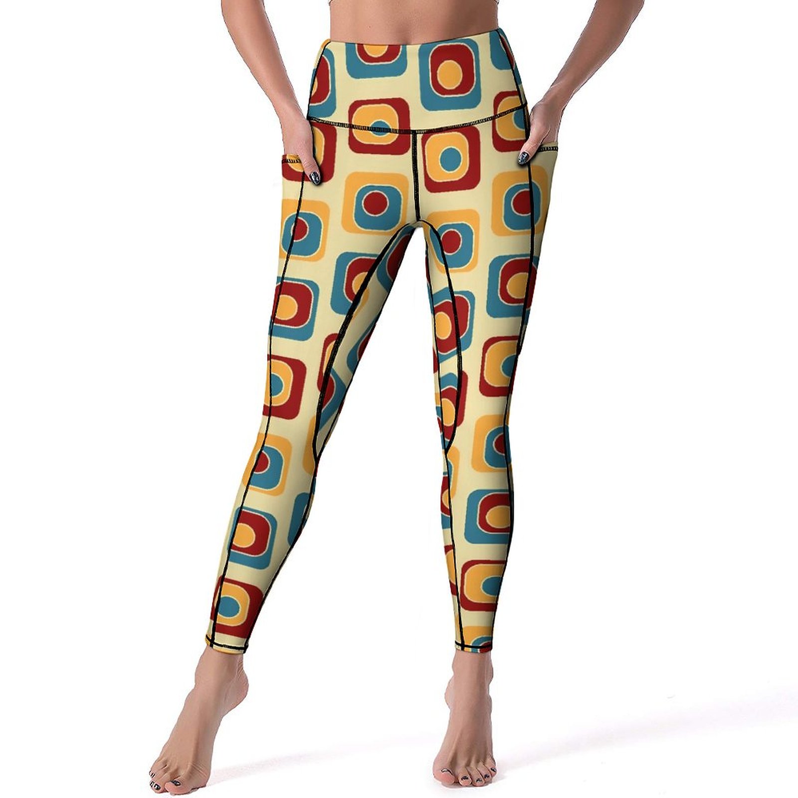 Retro Mod Yoga Pants Abstract Squares Fitness Leggings High Waist ...