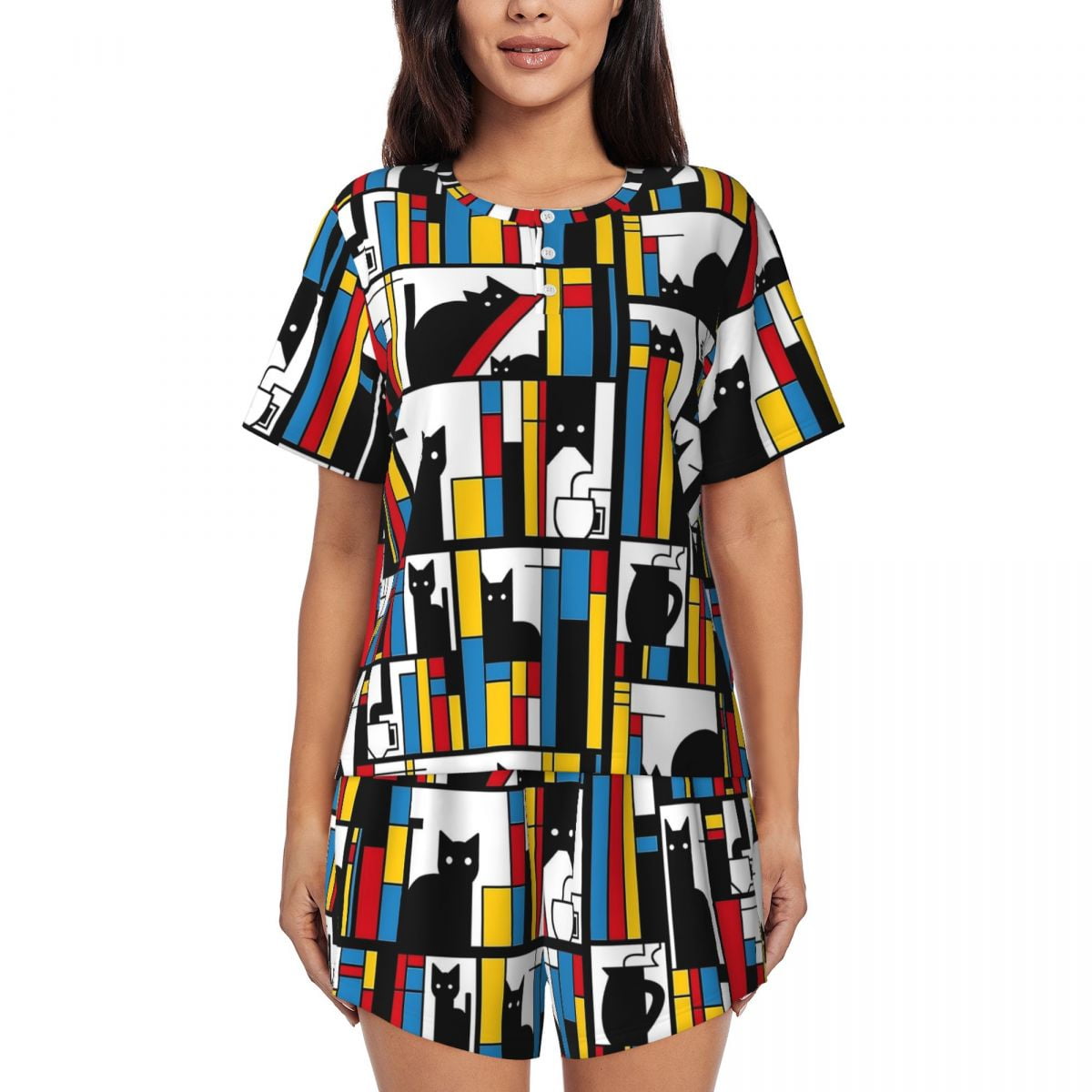 Retro Mondrian Print Pajamas Short Sleeve 2 Pieces Aesthetic Pajama ...