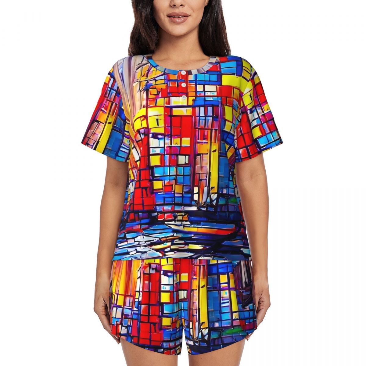Retro Mondrian Print Pajamas Short Sleeve 2 Pieces Aesthetic Pajama ...