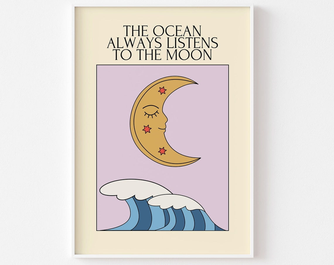 Retro Moon And Ocean Print - Mystical Ocean, Moon Tides, Moon Energy ...