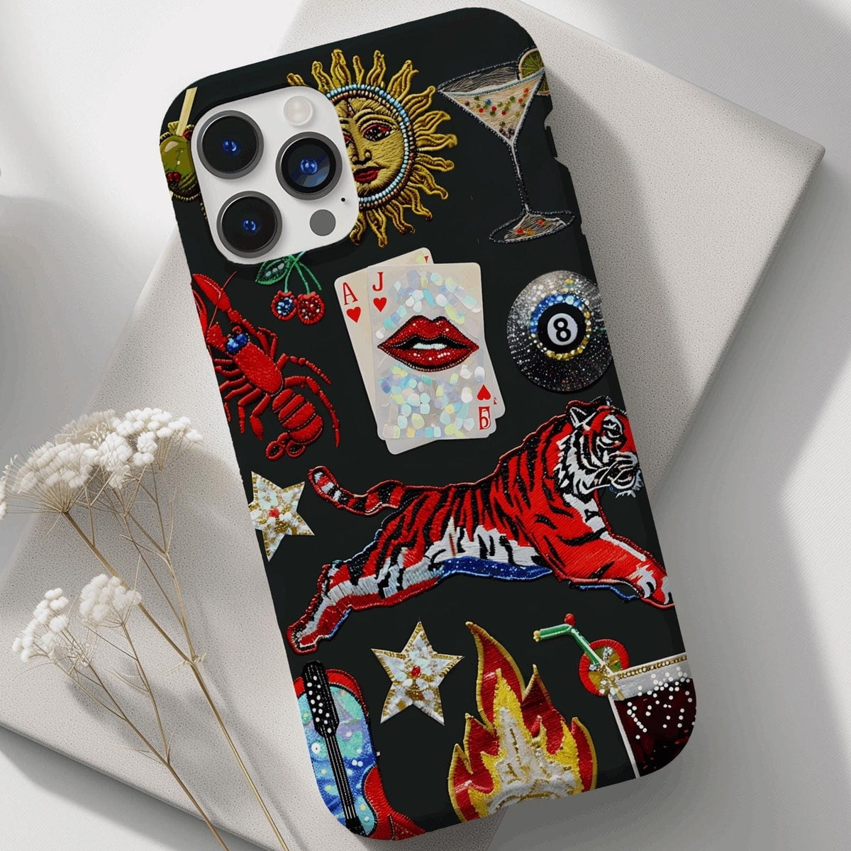 Retro Mosaic Tattoo Collage Phone Case with an Edgy Grunge Tiger and ...