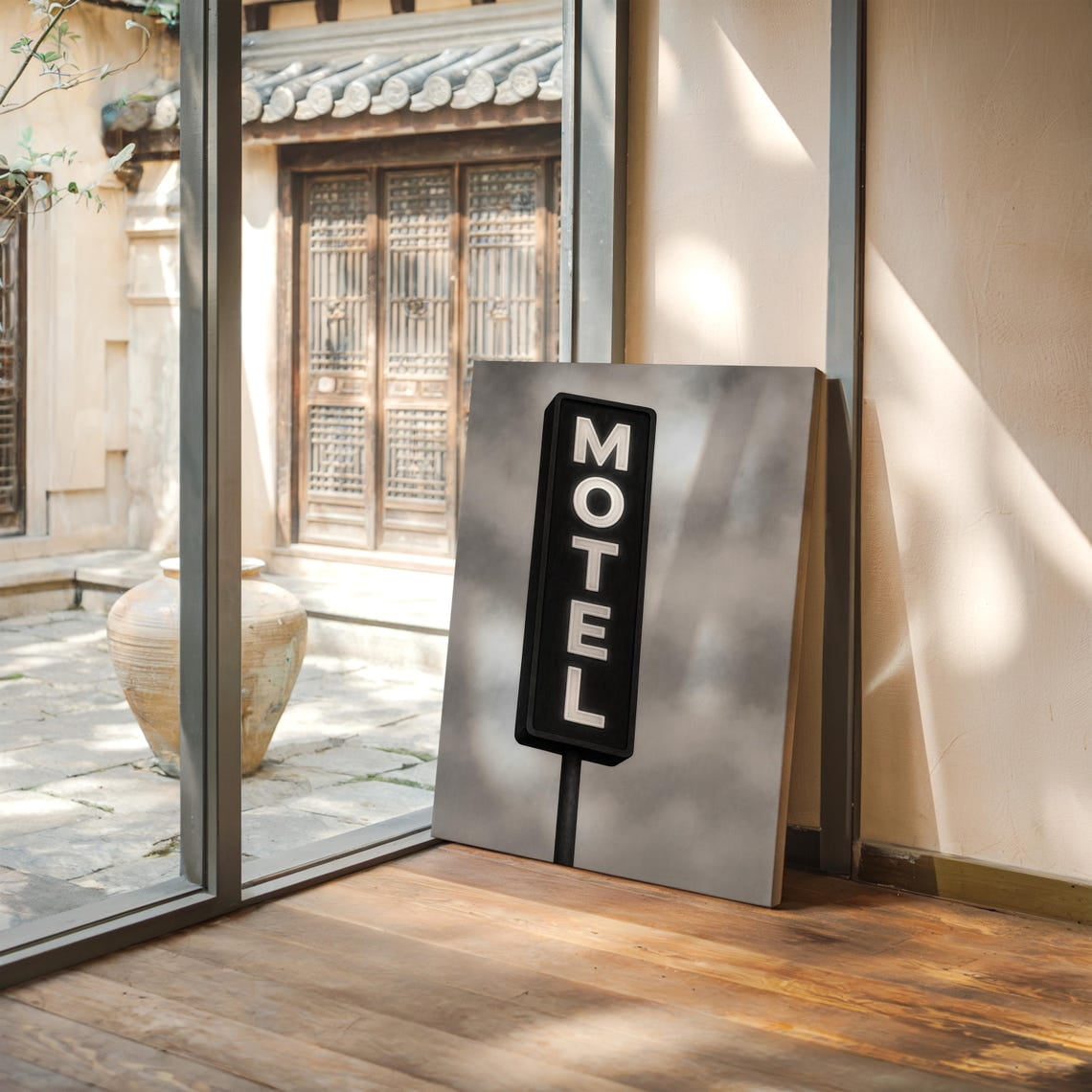 Retro Motel Sign Wall Art – Black And White Vertical Neon Sign Poster ...