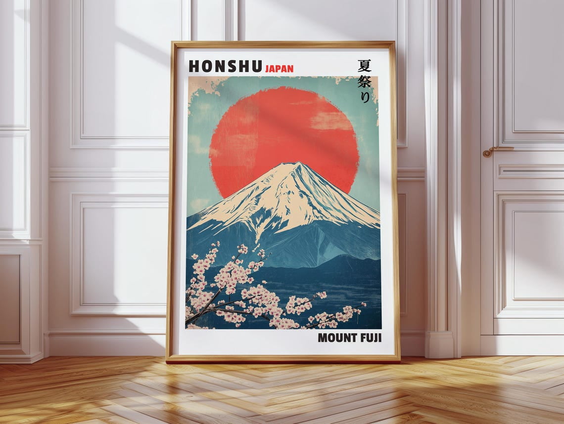 Retro Mount Fuji Travel Poster – Vintage Japan Print, Honshu Scenic Wall Art, Cherry Blossom ...