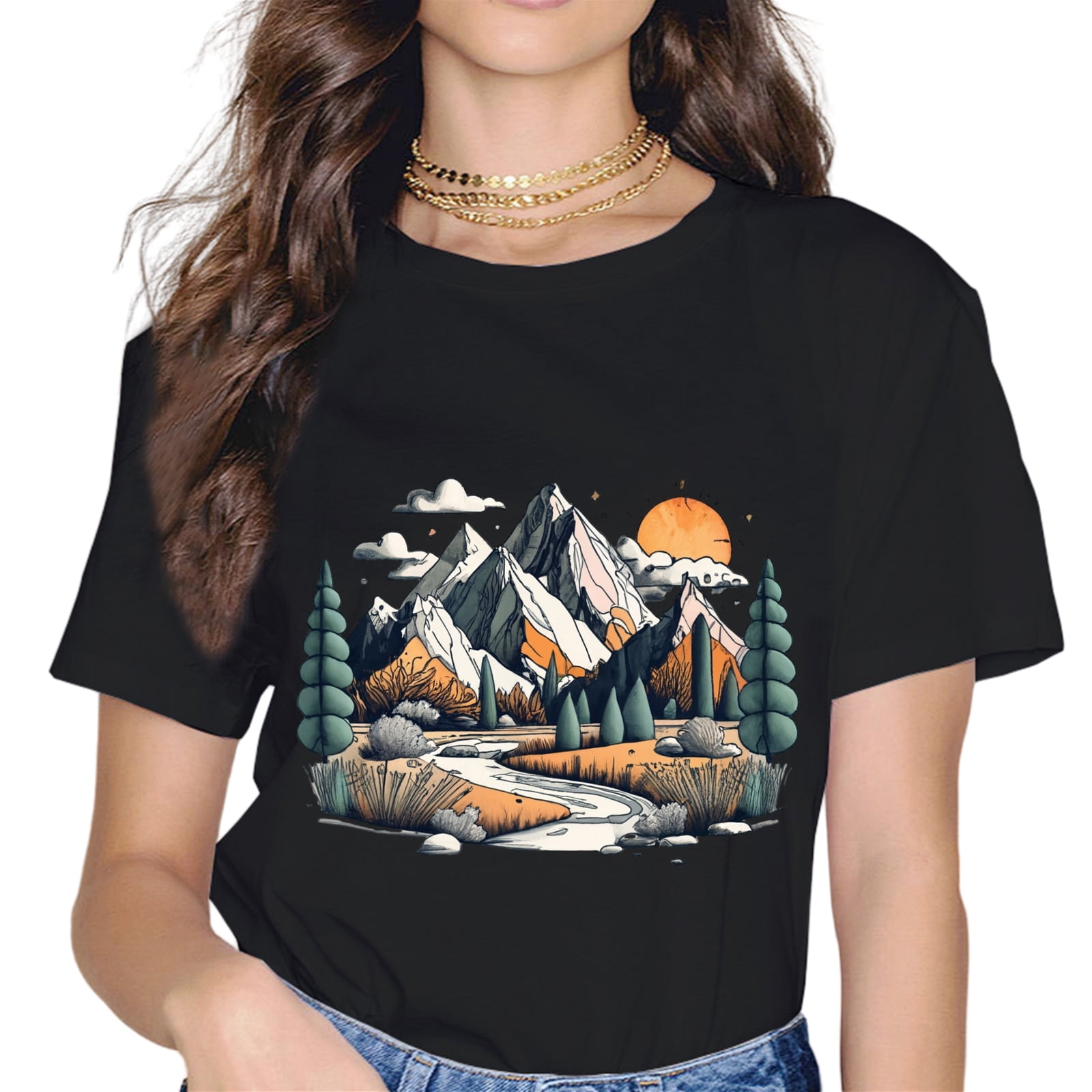 Retro Mountain Sunset Vintage Landscape T-Shirt - Walmart.com