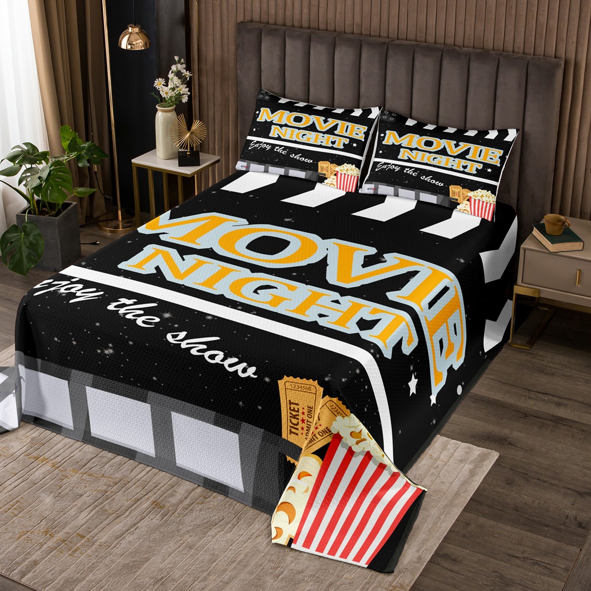 Retro Movie Night Bedspread Set Popcorn Glitter Galaxy Print Quilt Set ...