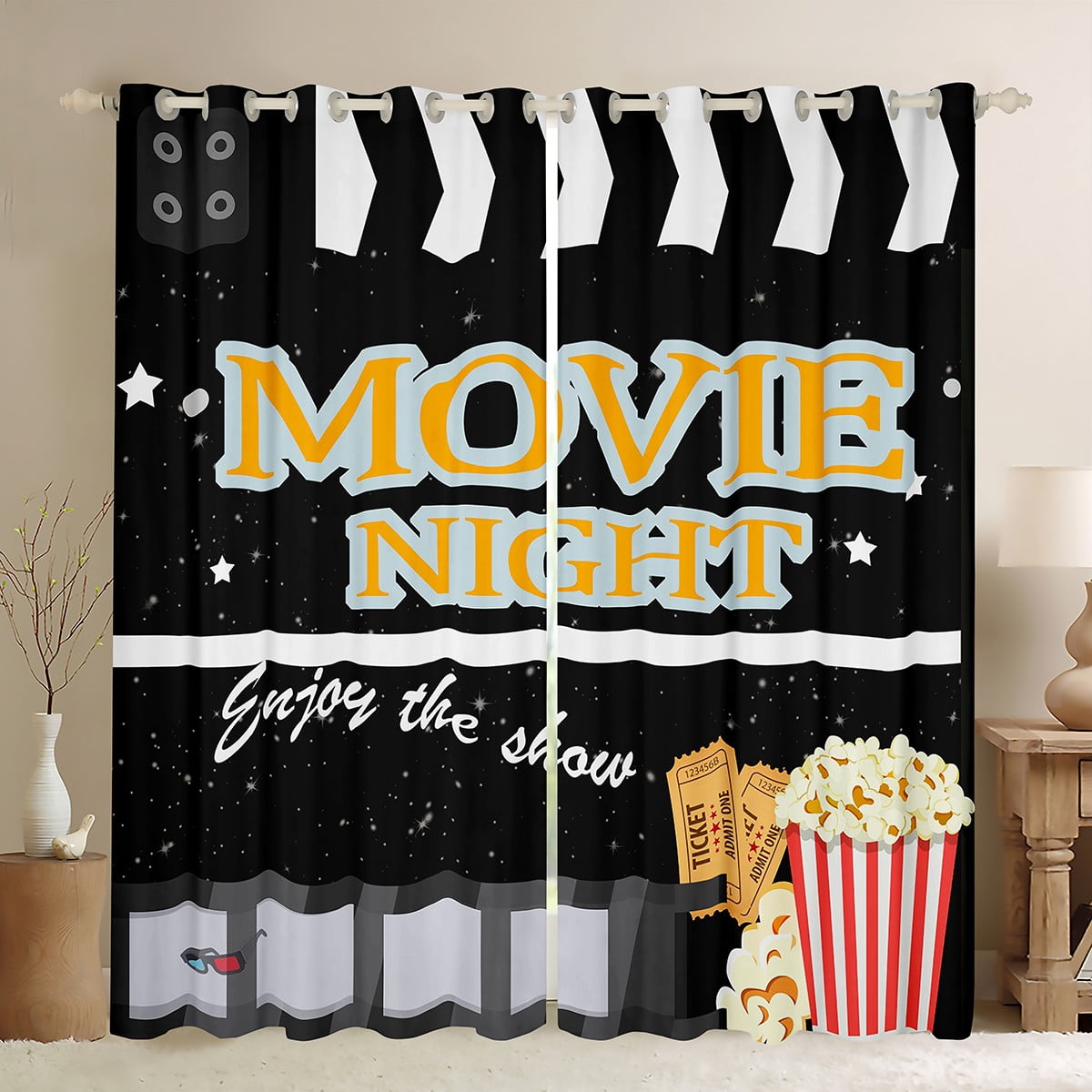 Retro Movie Night Blackout Curtains Popcorn Glitter Galaxy Print ...