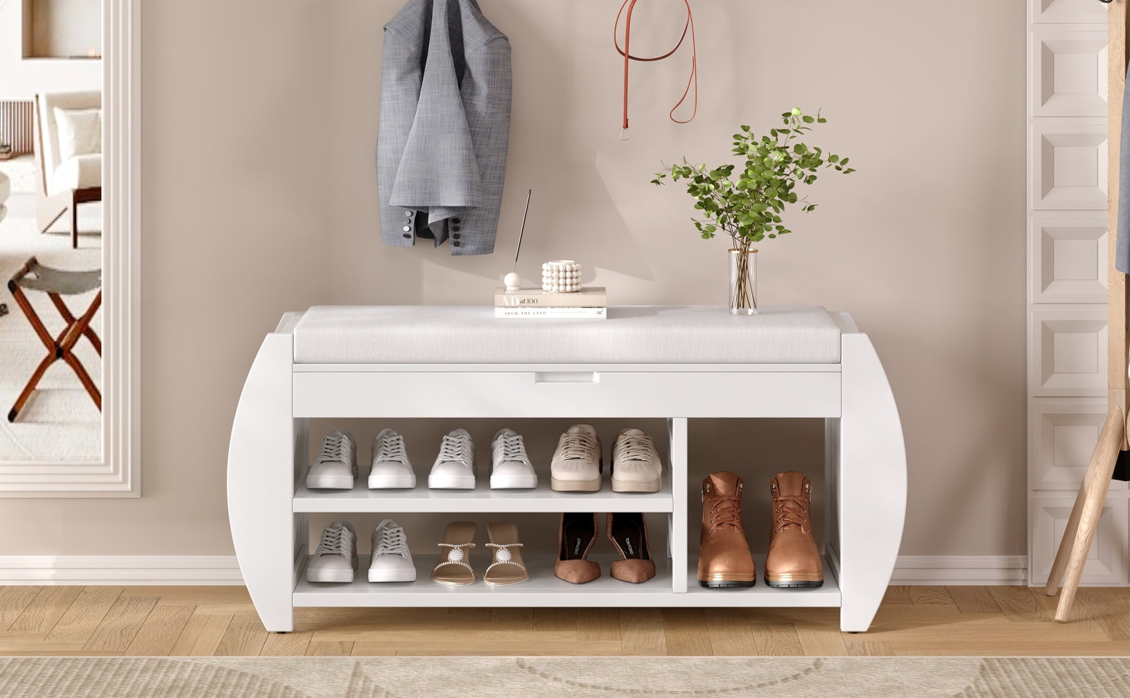 Retro Multifunctional Storage Bench, Entry Shoe Change Bench with Open ...