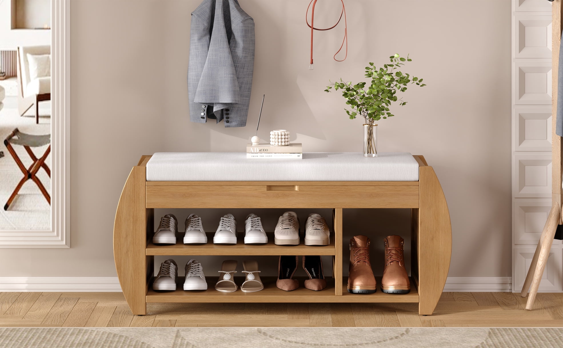 Retro Multifunctional Storage Bench, Entry Shoe Change Bench with Open ...