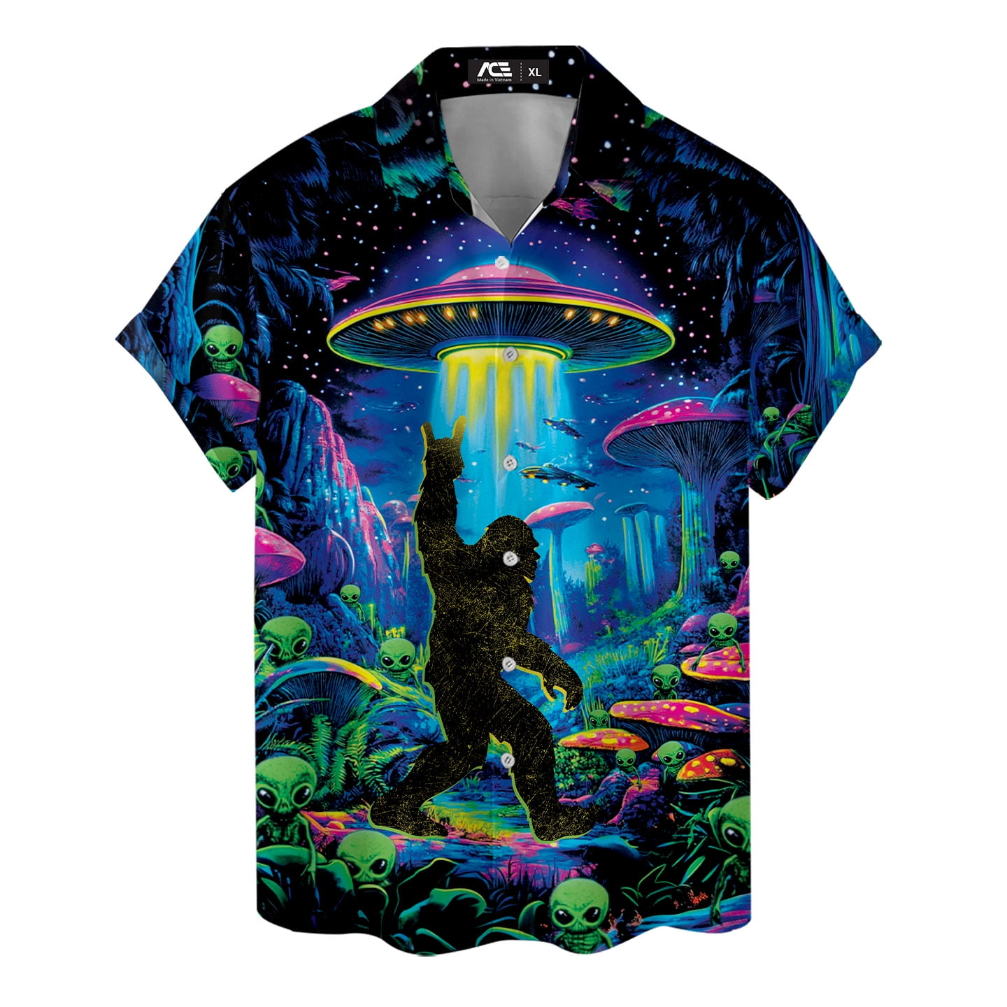 Retro Mushroom Alien Bigfoot Hawaiian Shirt For Men UFO Sasquatch Mens ...