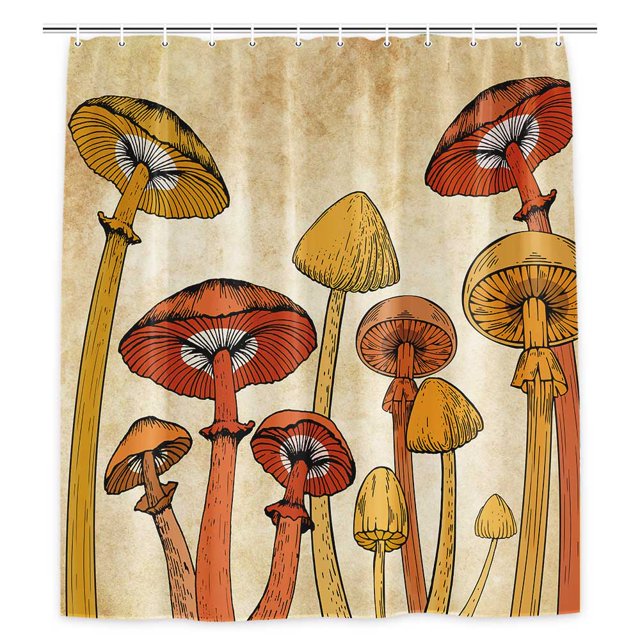 Retro Mushroom Bathroom Shower Curtains, Cute Plant 60s 70s 80s Boho Abstract Art Nature Mid ...