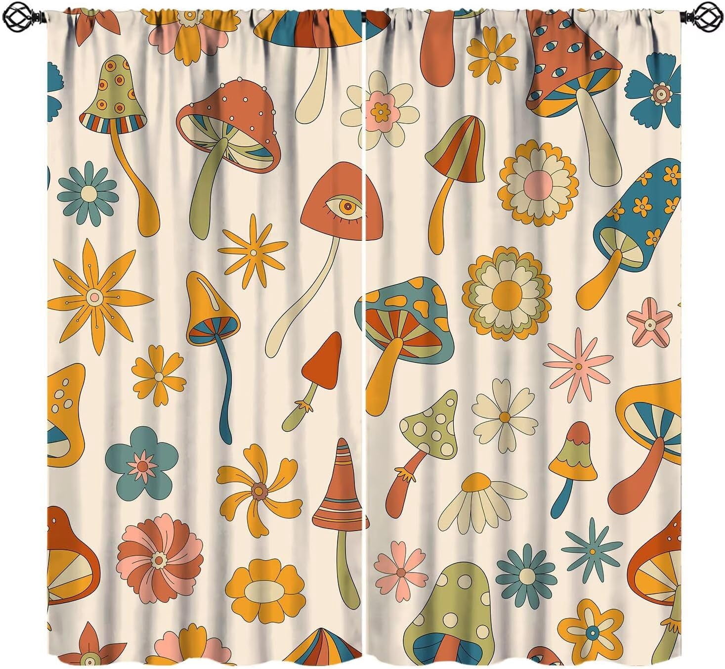 Retro Mushroom Curtains, Retro 70s 60s Groovy Magic Mushrooms Flowers ...