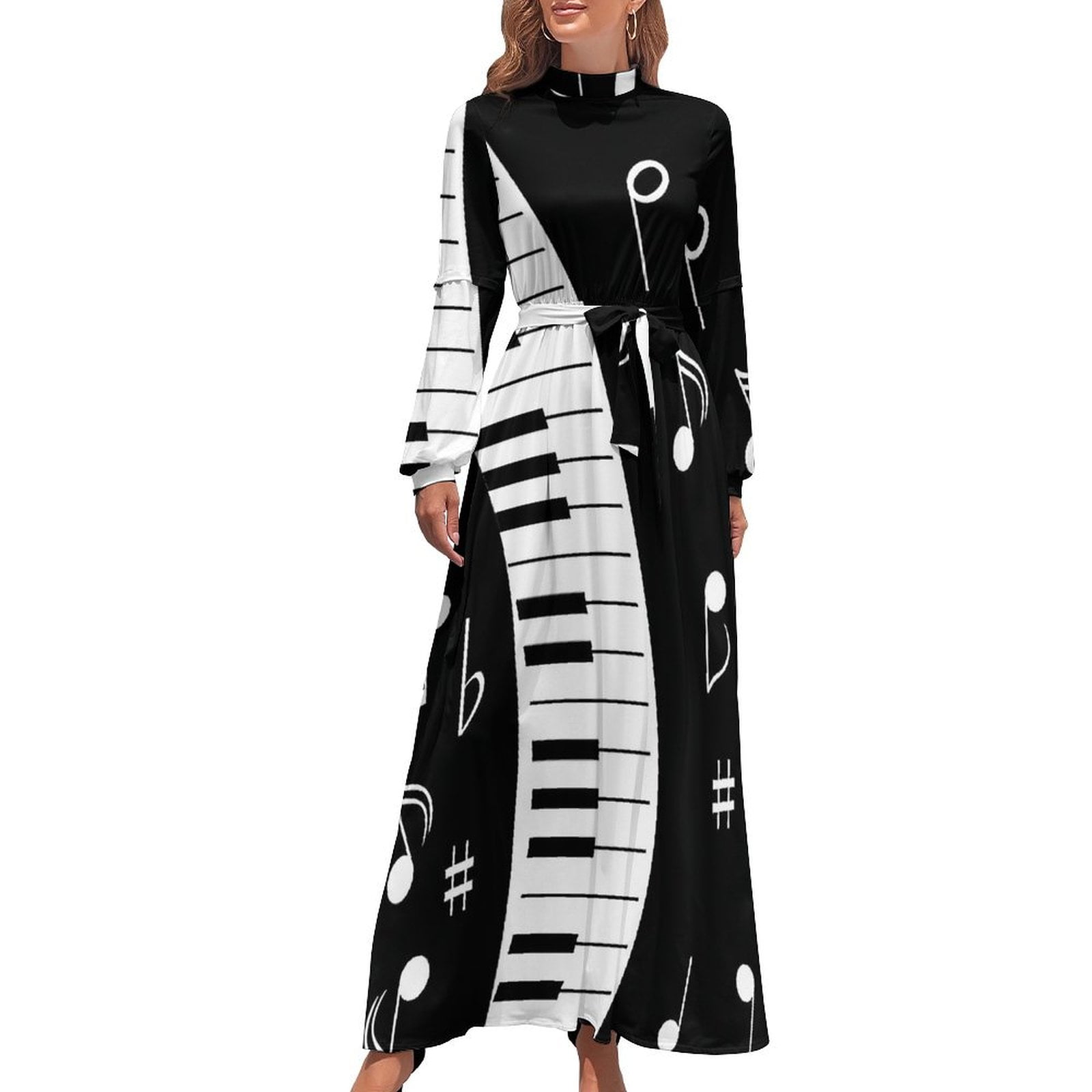 Retro Music Note Dress White And Black Cute Custom Maxi Dress High ...
