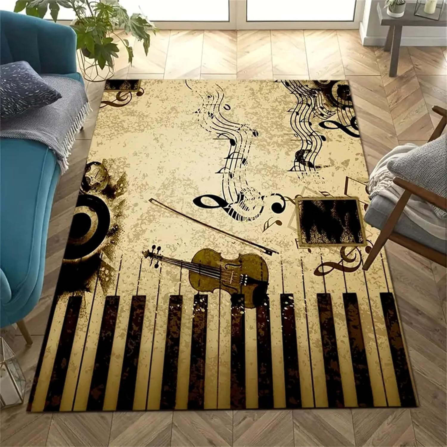 Retro Music Notes Area Rug Wooden Musical Instrument Classical Piano ...