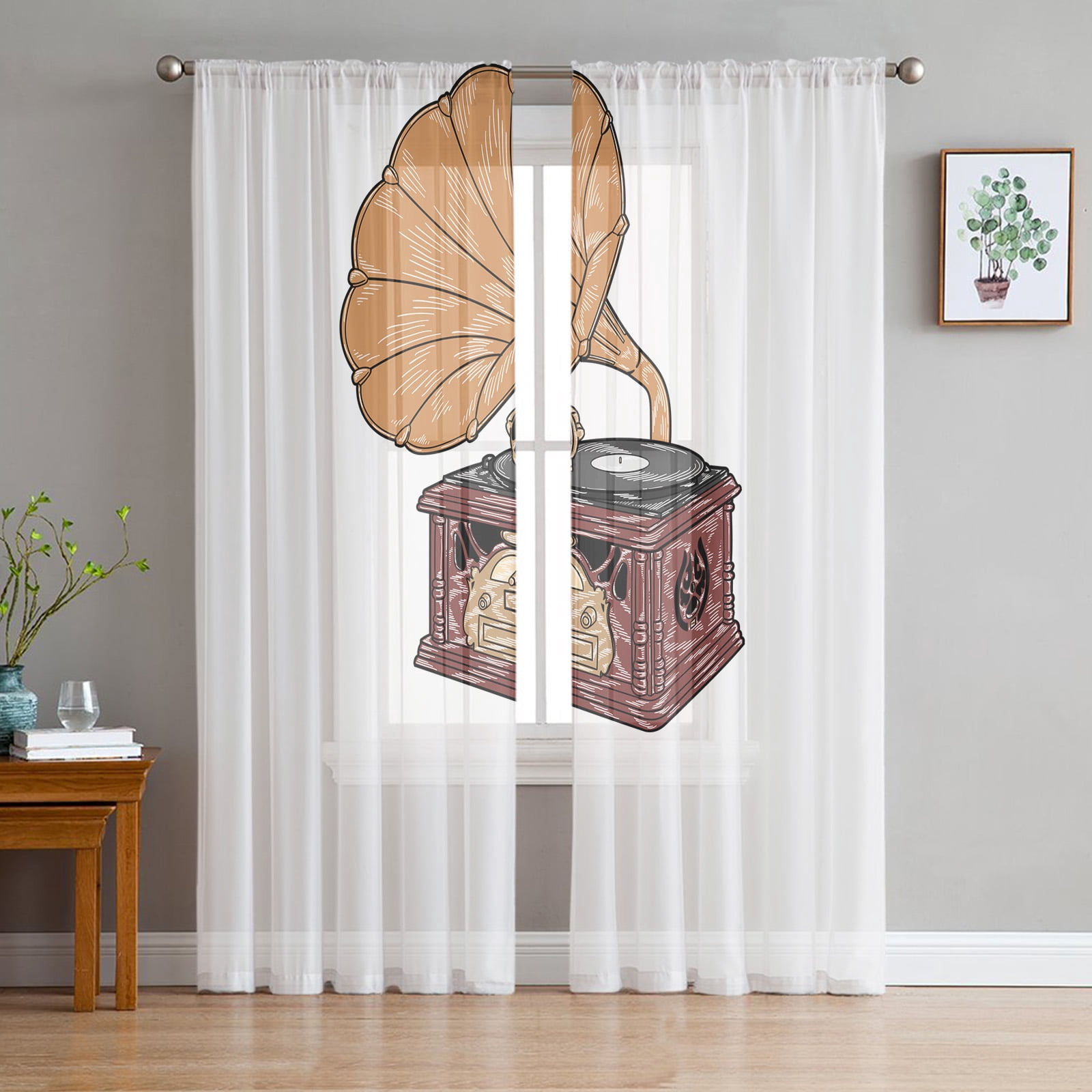 Retro Music Poster With Vinyl Gramoph Chiffon Sheer Curtains for Living ...