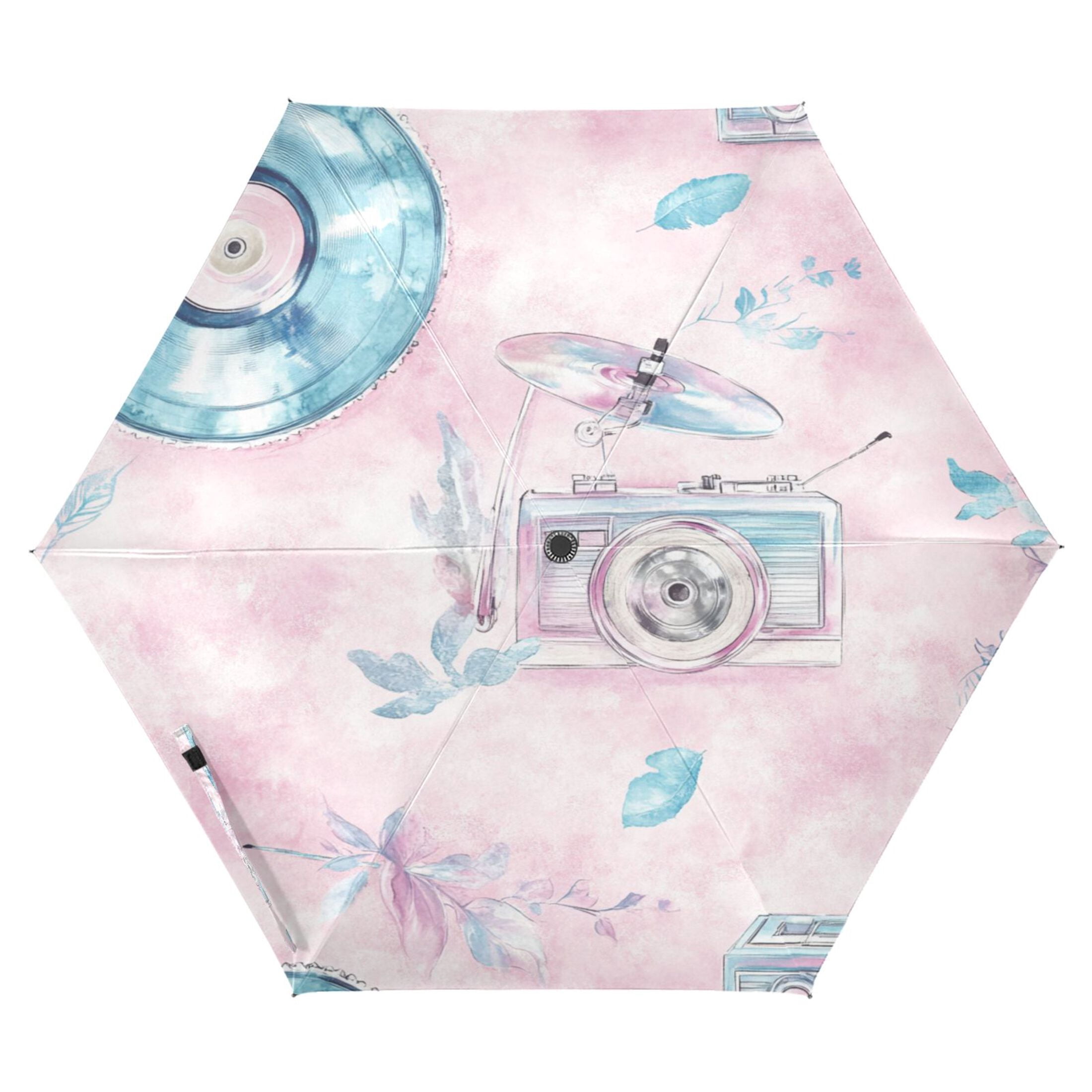 Retro Music Theme with Records Folding Umbrella UV50+ Waterproof Sun ...