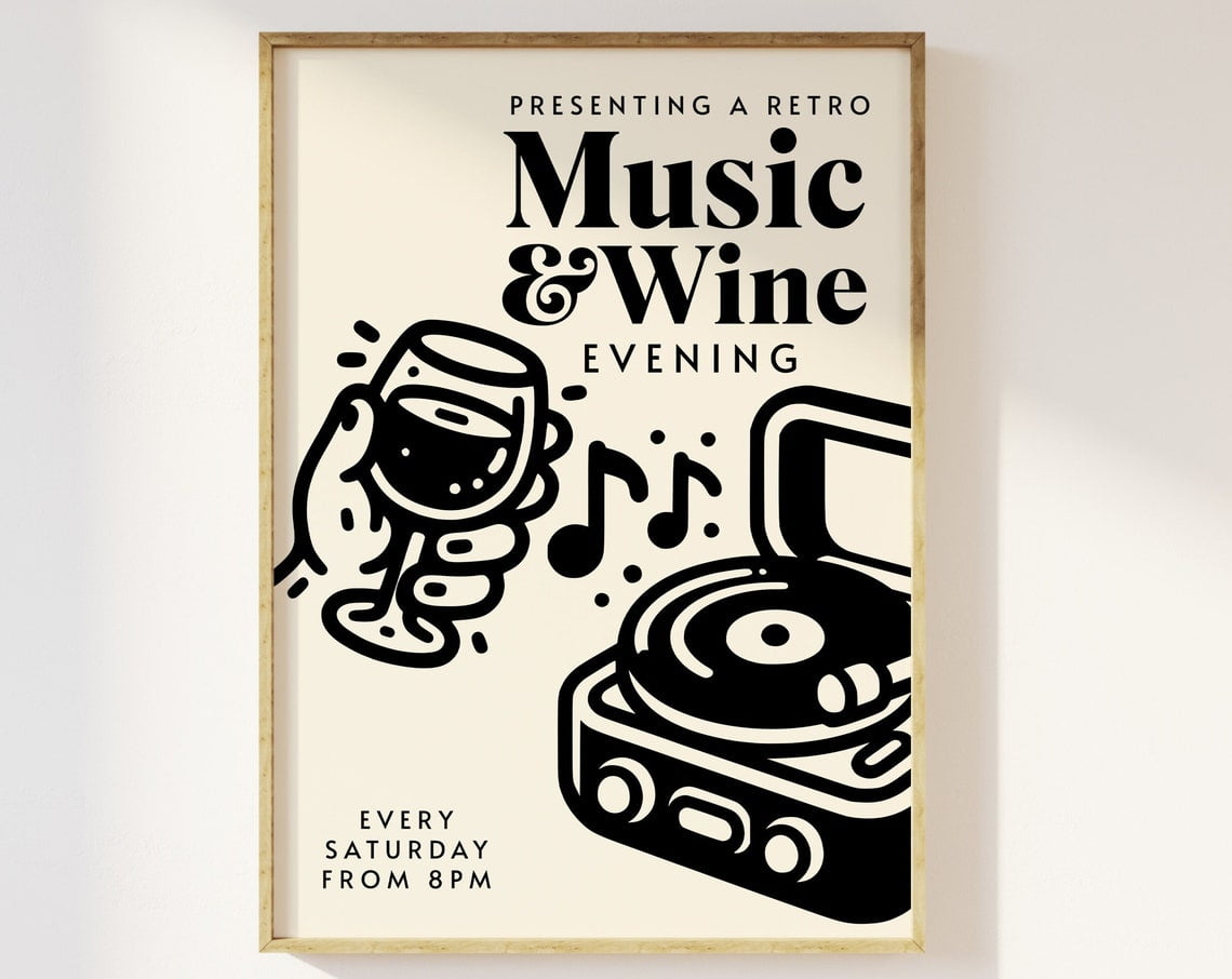 Retro Music And Wine Evening Print, Retro Illustration Poster, Kitchen ...