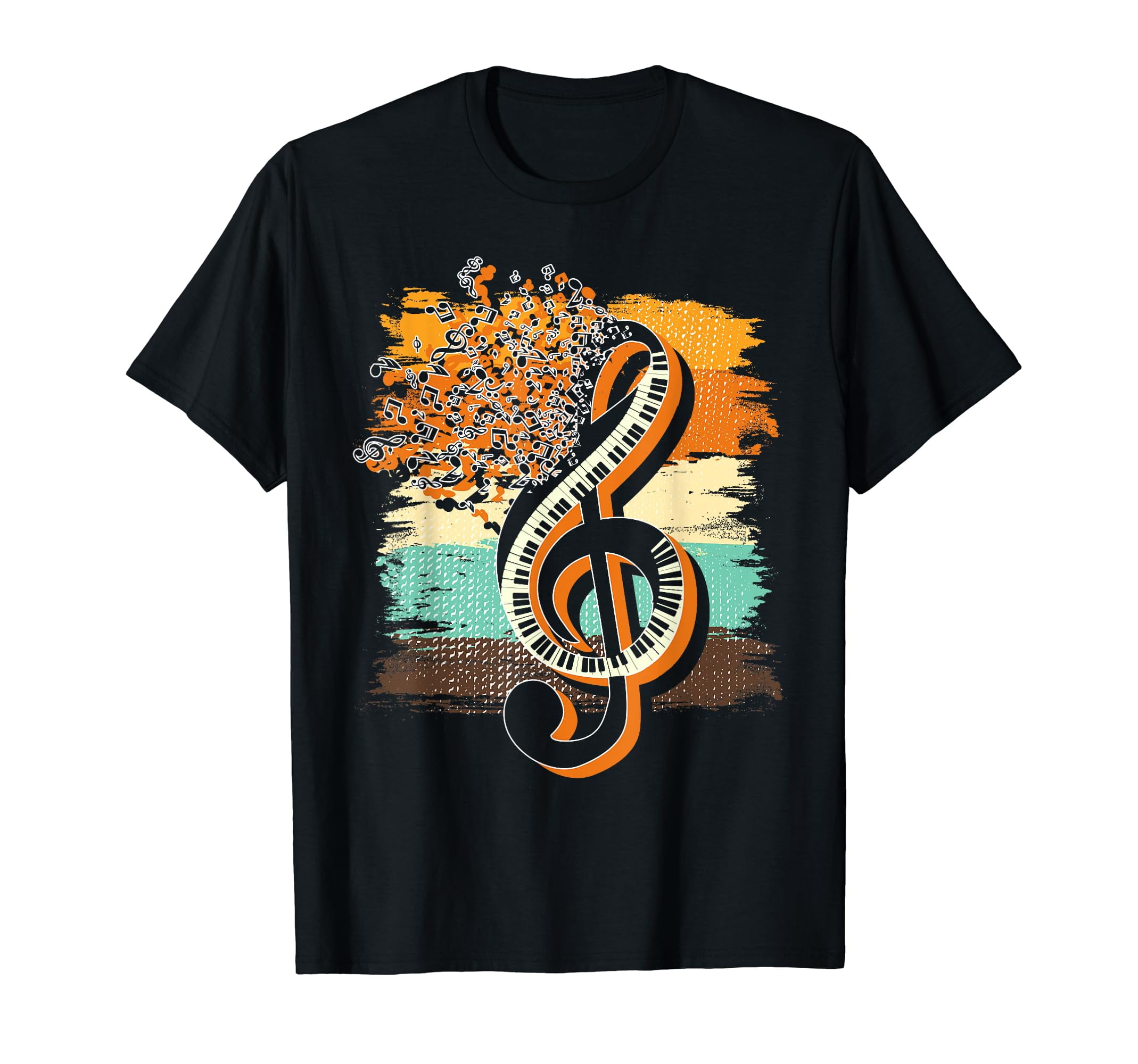 Retro Musician Music Notes Piano Keys Treble Clef Music T-Shirt ...