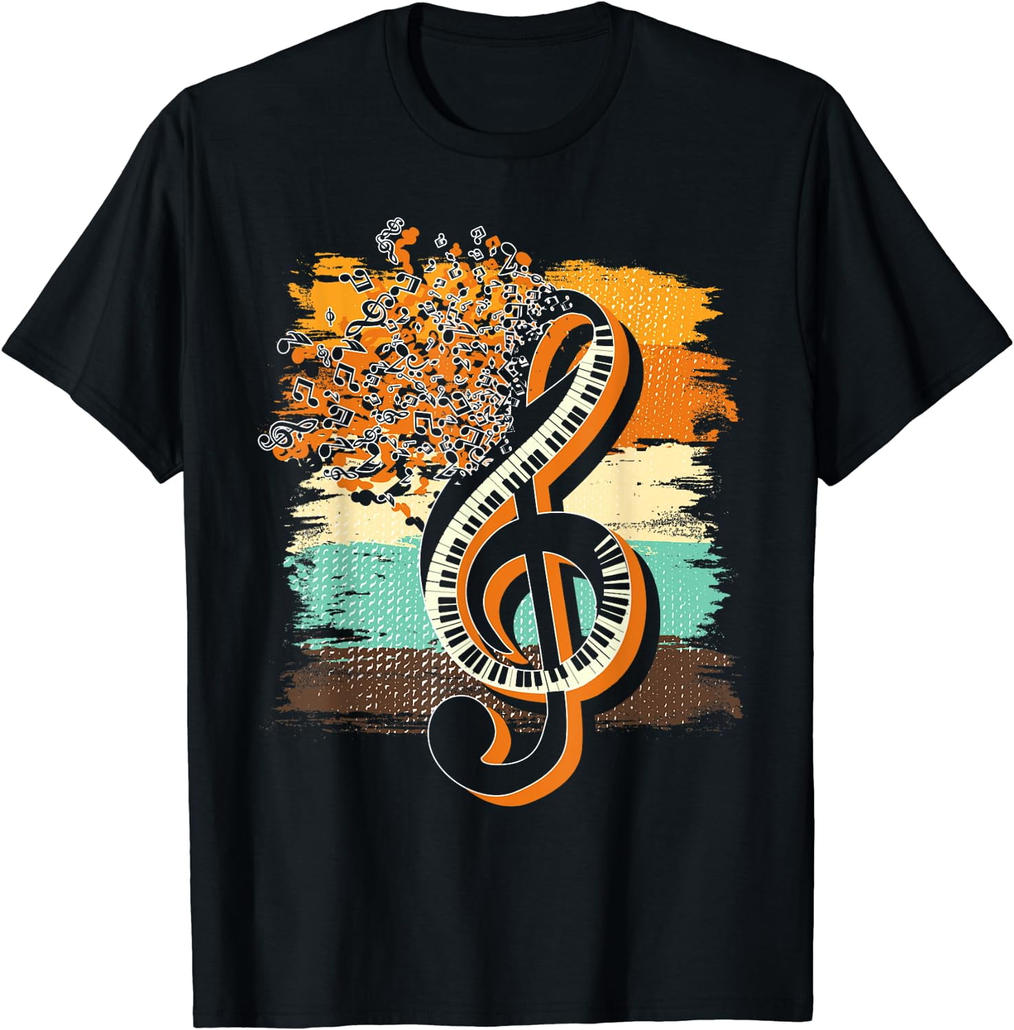 Retro Musician Music Notes Piano Keys Treble Clef Music T-Shirt ...