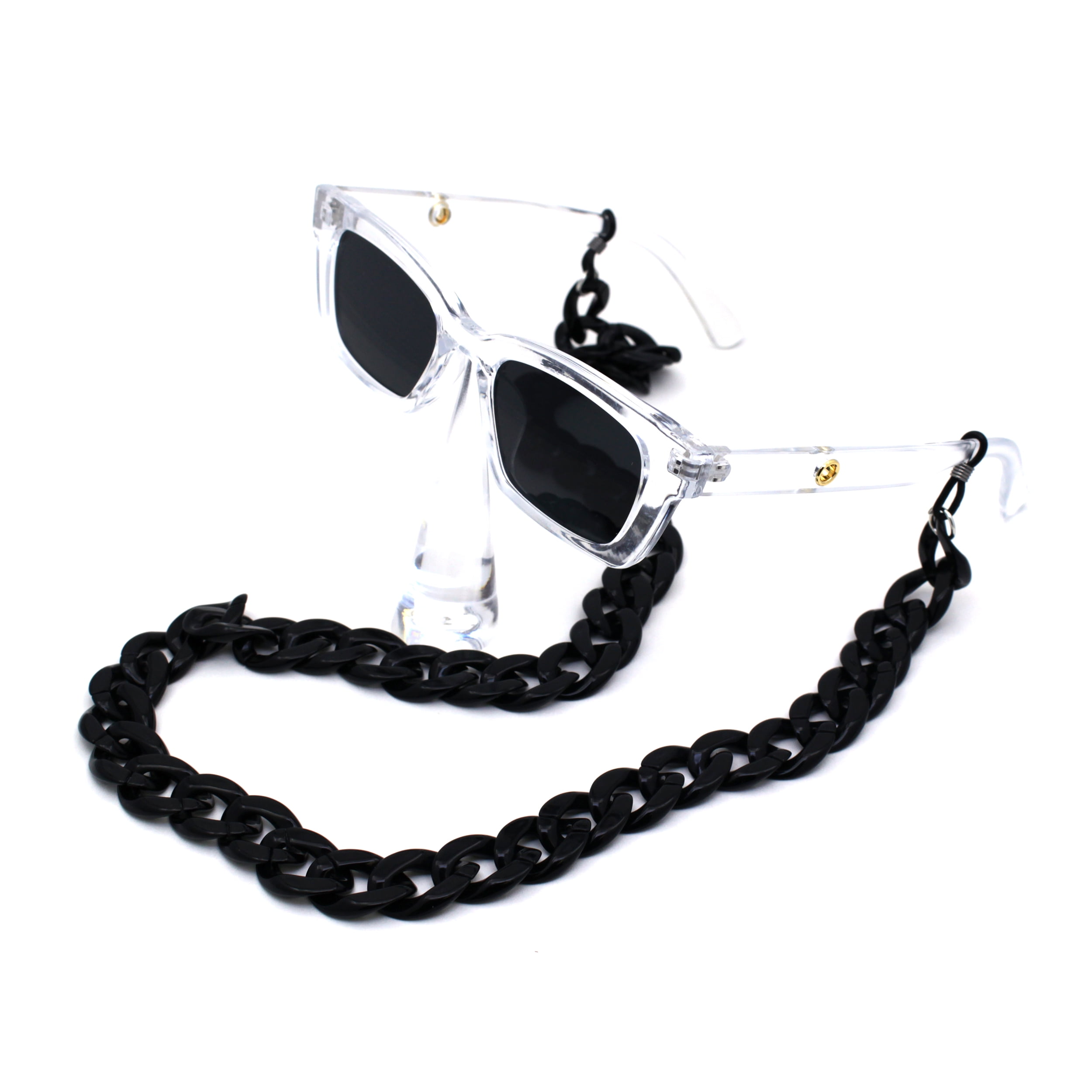 Retro Narrow Rectangular Horn Plastic Neck Chain Sunglasses Clear Black ...