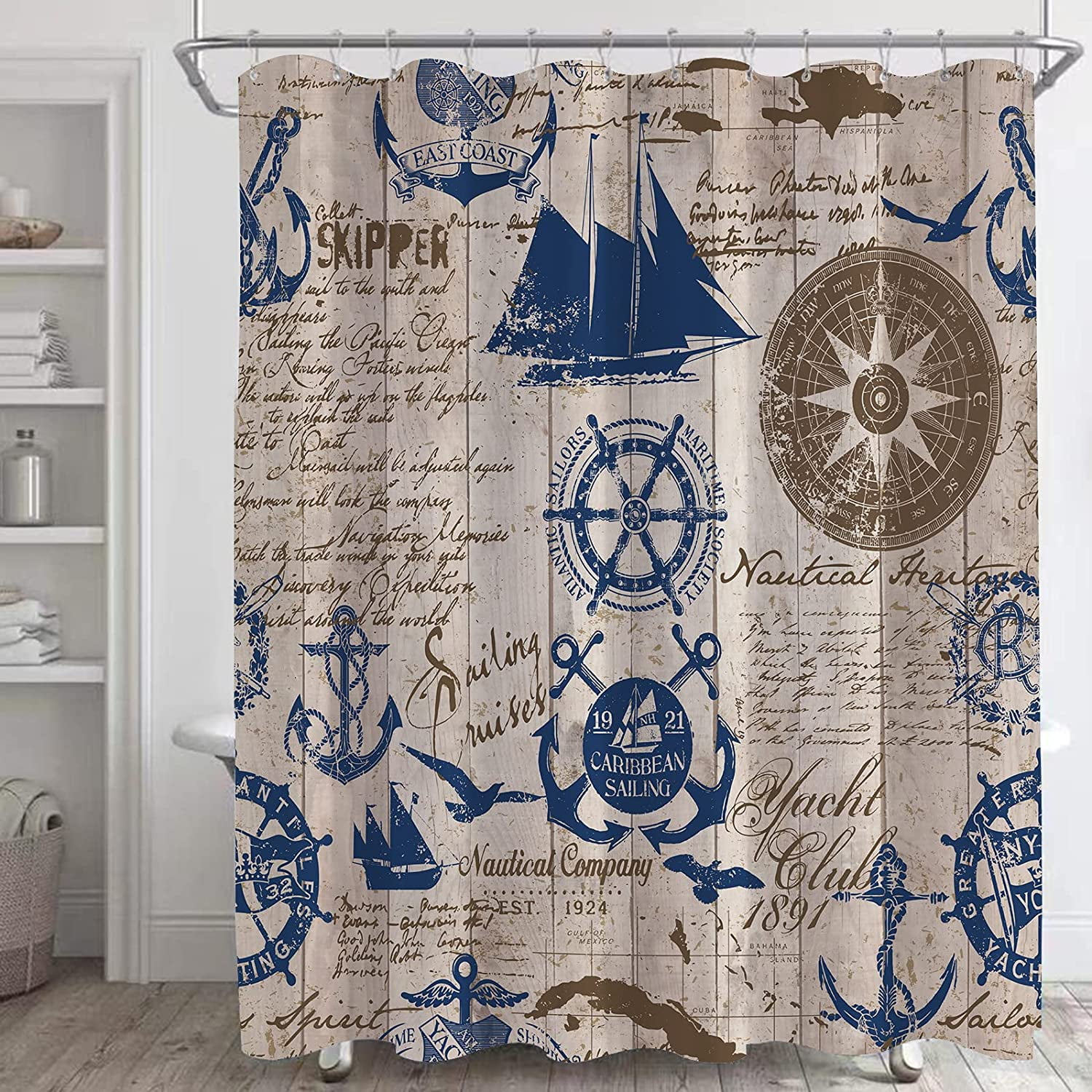 Retro Nautical Shower Curtain Sets,Navy Anchor Sailing Map Bathroom ...
