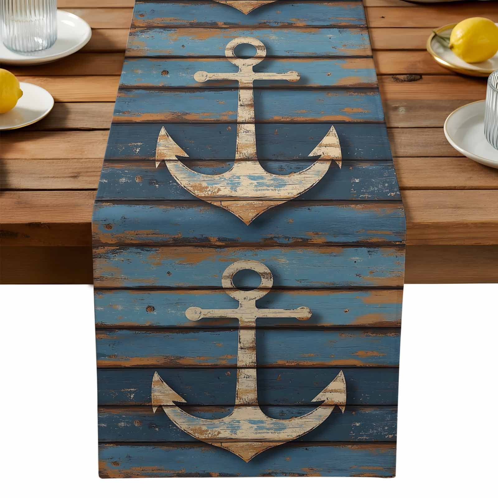 Retro Nautical Table Runner, Anchor Wood Texture Cotton Linen ...