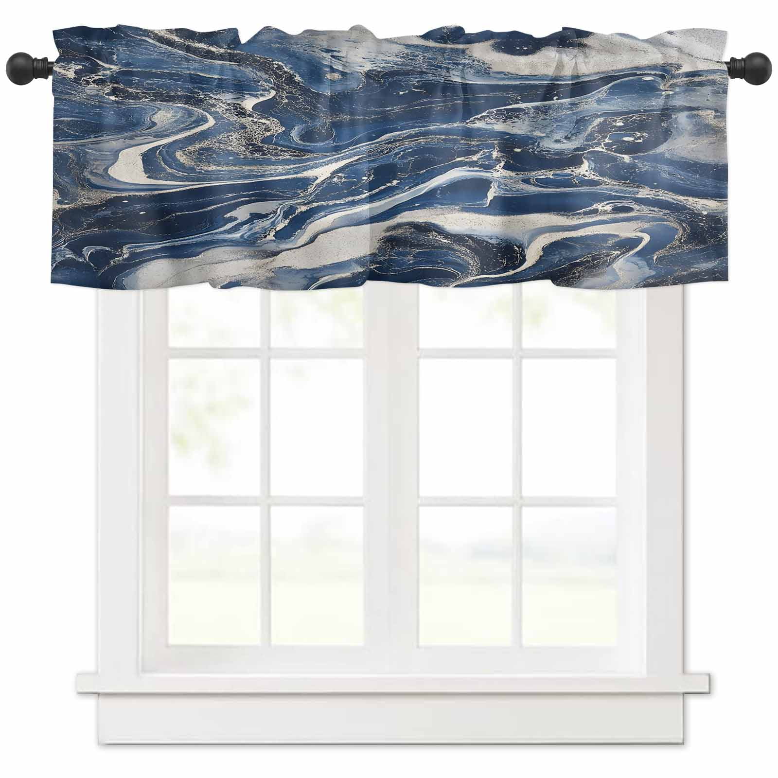 Retro Navy Blue White Valances for Windows Farmhouse Kitchen Curtains ...