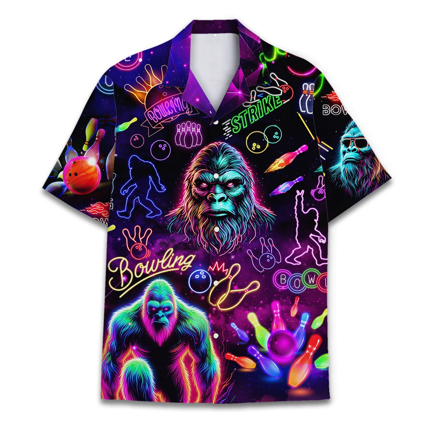 Retro Neon Bigfoot Bowling Hawaiian Shirts For Men Cat Neon Short ...