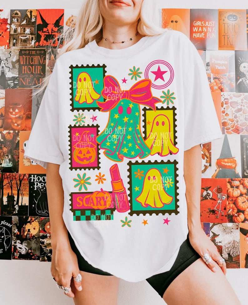 Retro Neon Ghost Halloween T-Shirt, Girly Boo Ghost & Pumpkin Tee ...