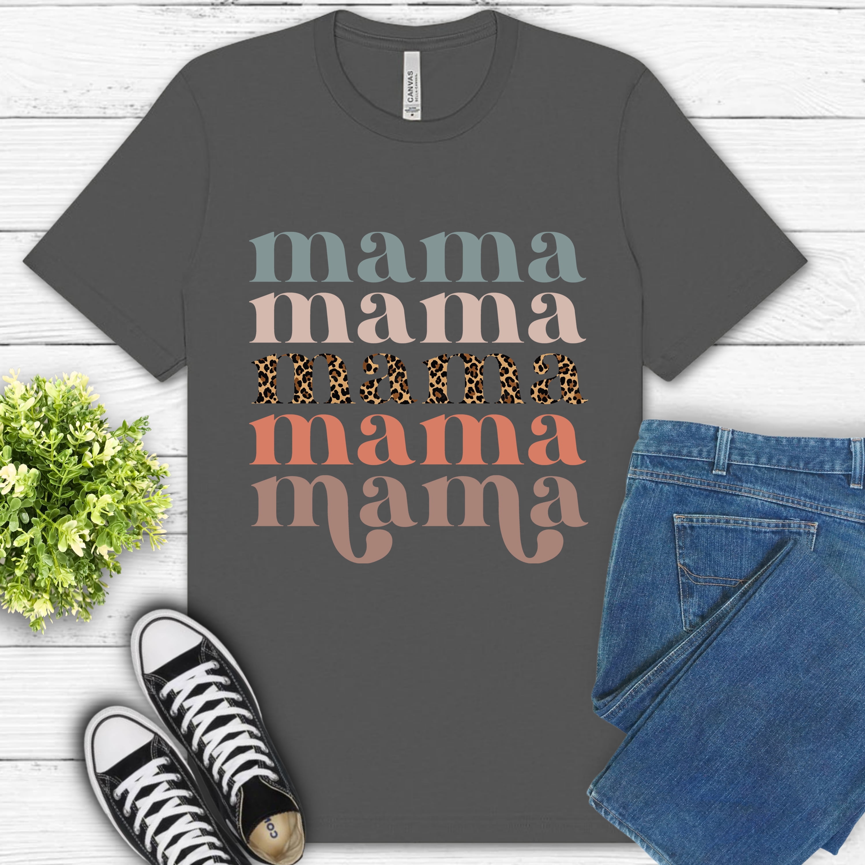 Retro Neutral Mama T-Shirt, Leopard Print Graphic Mom Life Tee, Asphalt ...