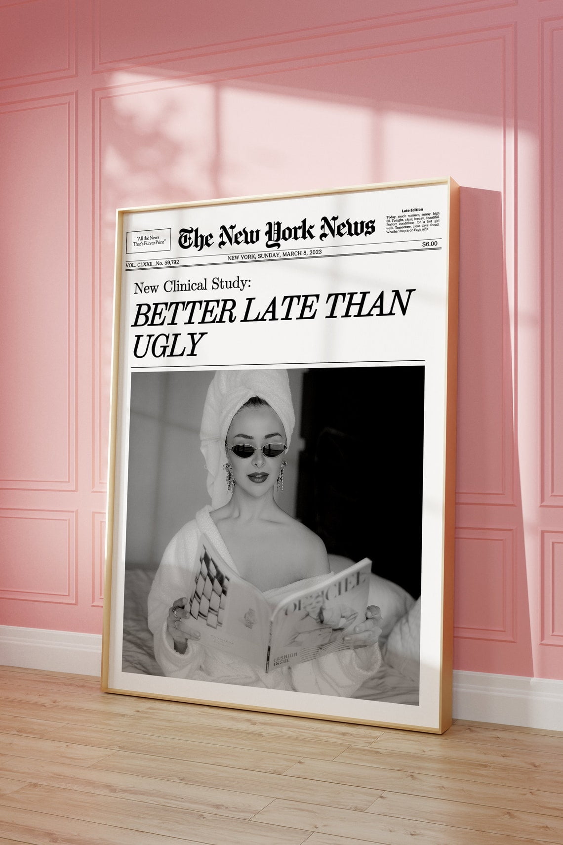 Retro Newspaper Headline, Better Late Than Ugly Poster, Bathroom Decor ...