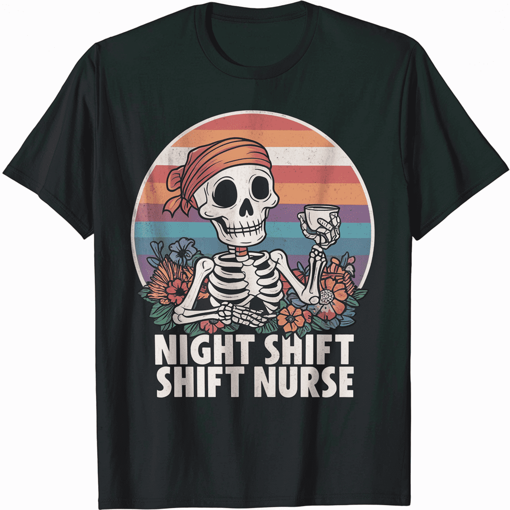 Retro Night Shift Nurse Skeleton Nursing EMT RN Nurses Women Tee ...