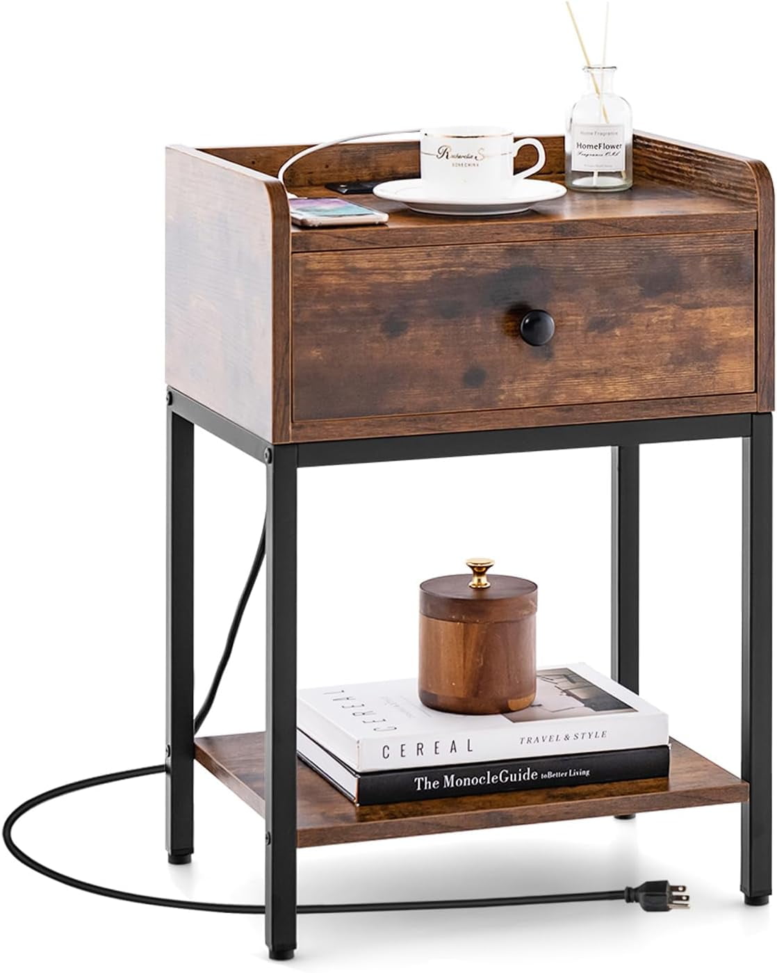 Retro Nightstand with Charging Station, End Table with Drawer and Open ...